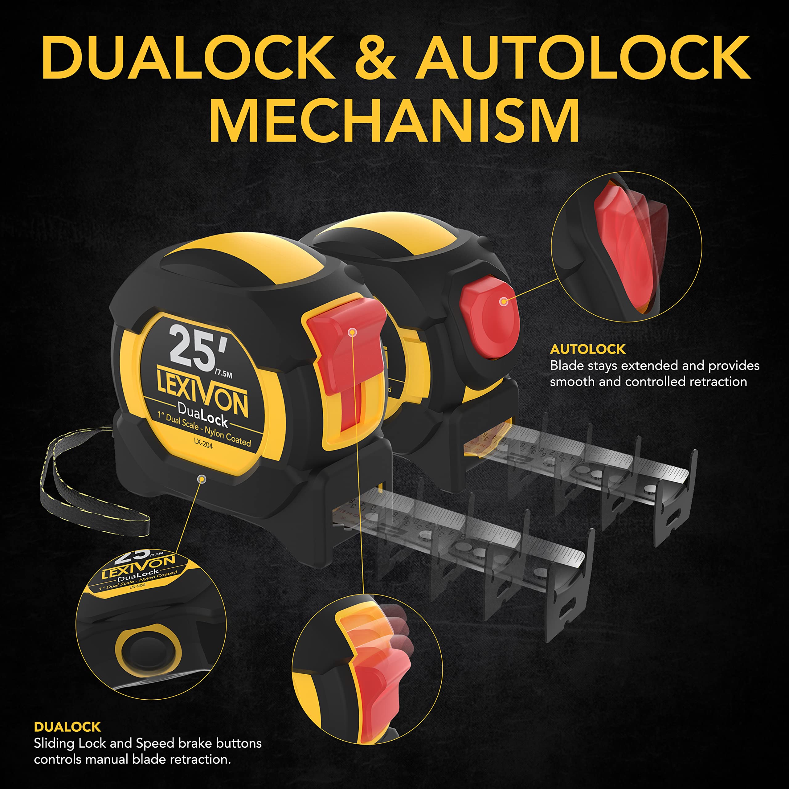Snapklik.com : LEXIVON 2-Pack 25Ft/7.5m Tape Measure, DuaLock ...