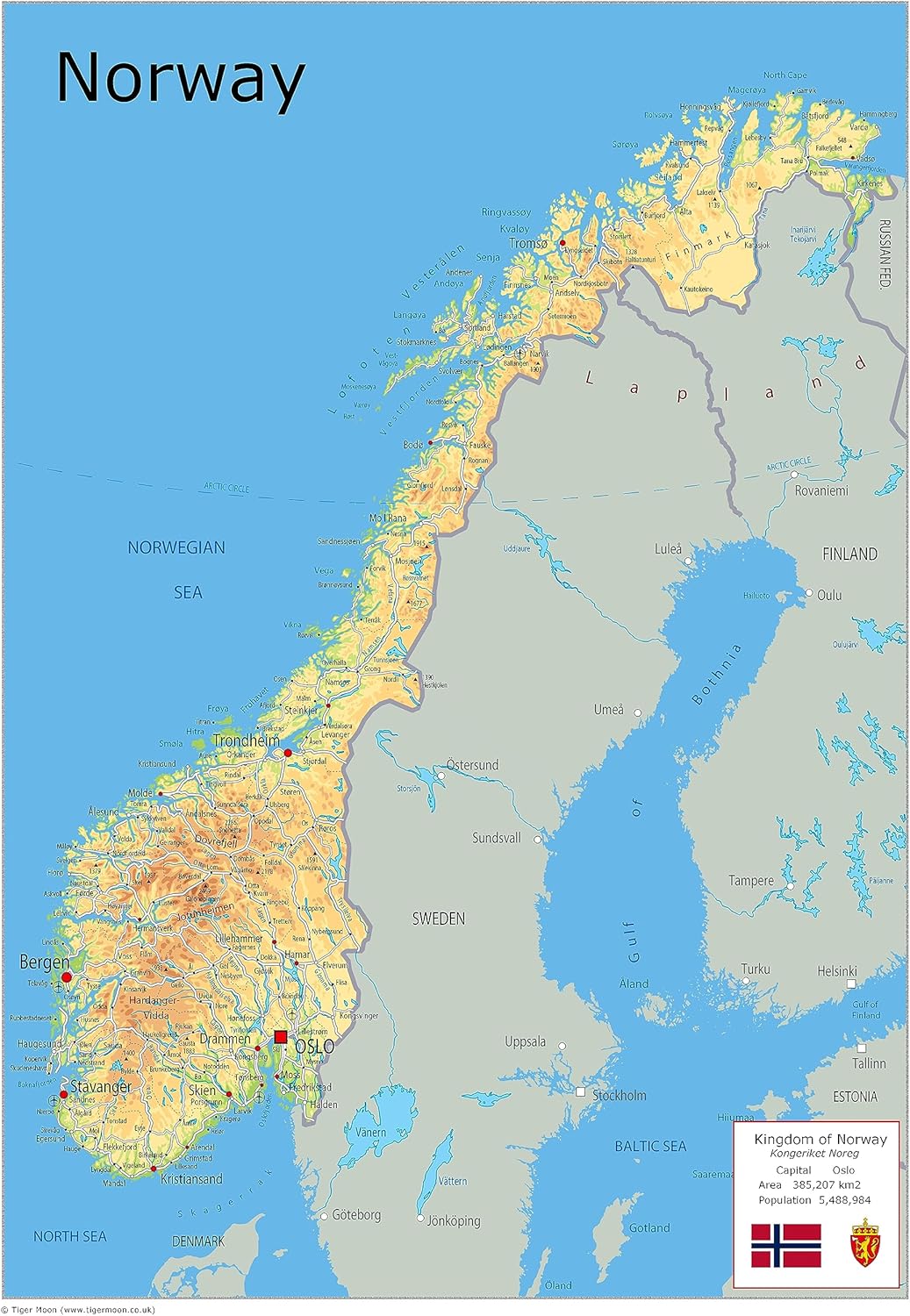 Physical Map of Norway - The Oxford Collection - Size A2 - Paper ...