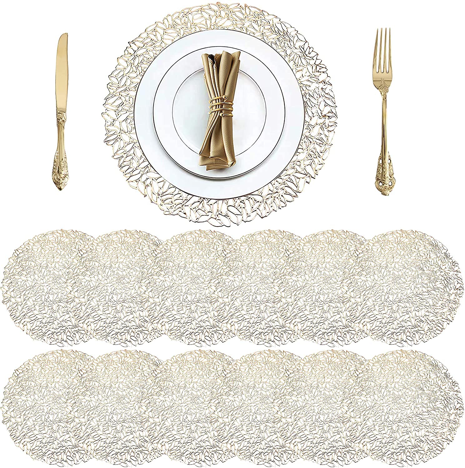 Jucoan 12 Pack 38cm Round Pressed Vinyl Placemats, Gold Table Mats PVC ...