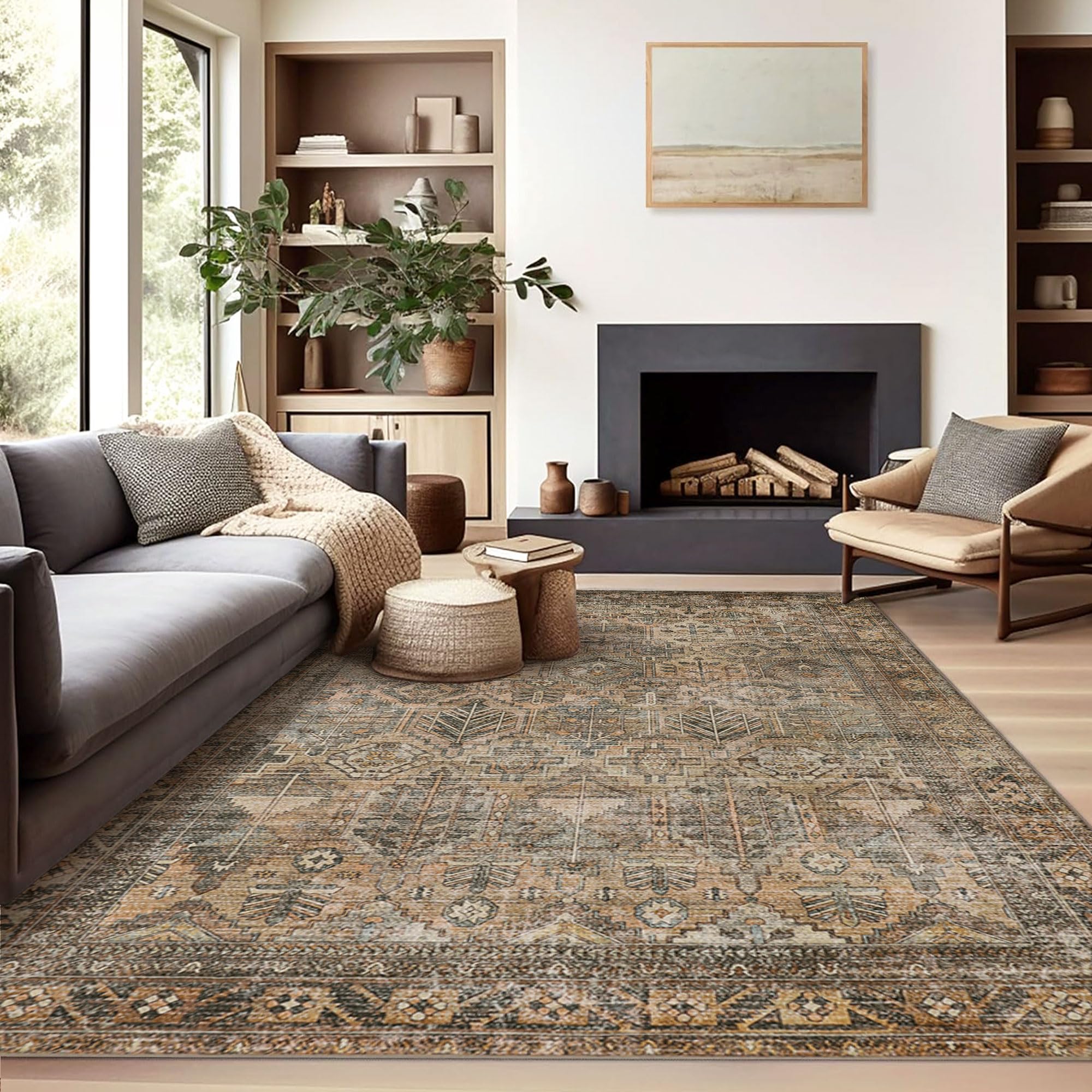 Bavni Area Rug 6x9 Machine Washable Vintage Distressed Print Ultra-Thin ...