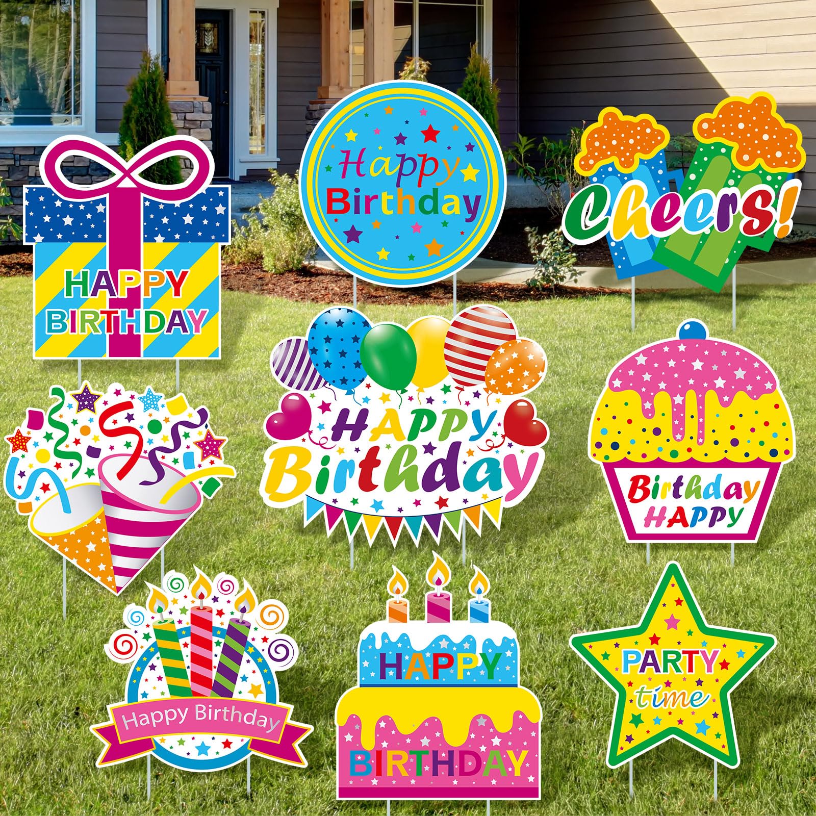 Amazon.com : 9 Pcs Happy Birthday Yard Signs with Stakes Birthday Lawn ...