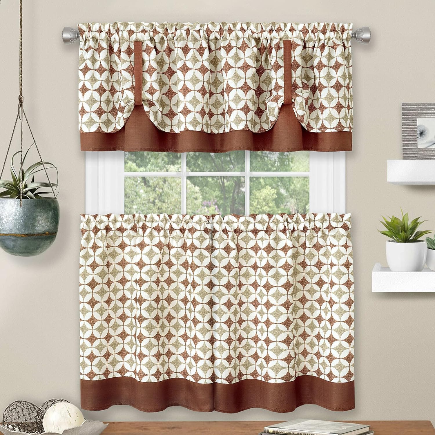 Amazon.com: Light Filtering Printed Tier & Valance Window Curtain Set ...