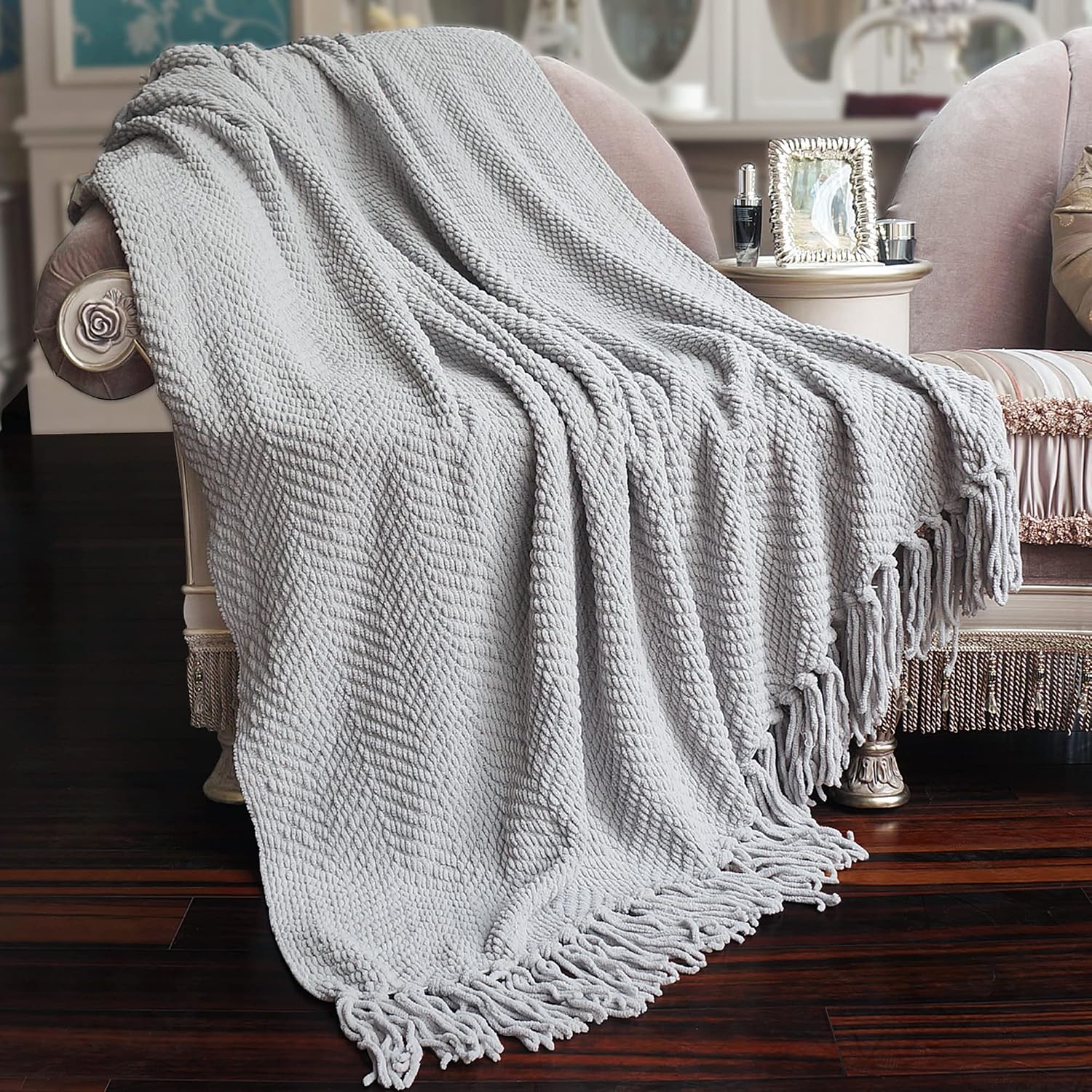 Amazon.com: Home Soft Things Silver Throw Blanket Knitted Tweed Throw ...