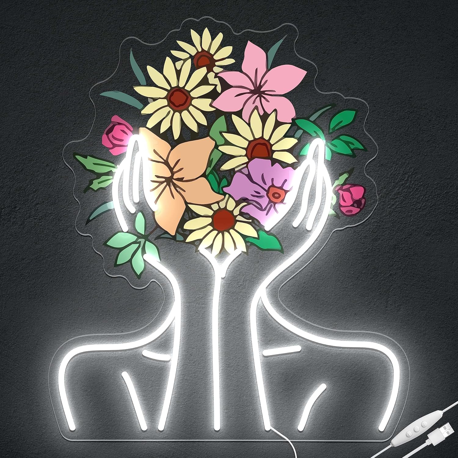CoolFish Lady Flowers Neon Sign for Wall Decor, Woman Holding Flowers ...