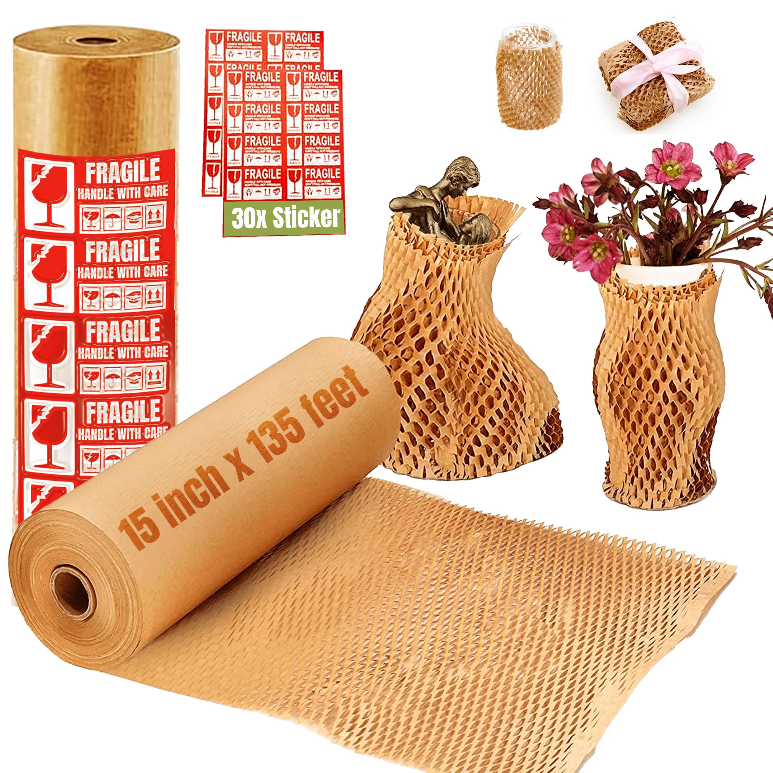 Amazon.com : Honeycomb Packing Paper 15 Inch x 150 Feet with 30 Fragile ...