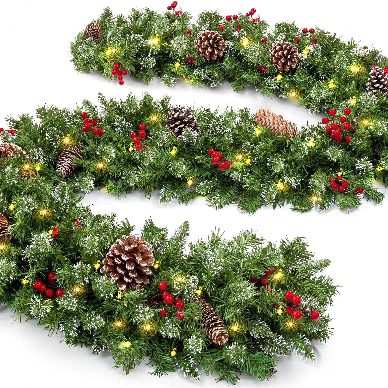 9 FT Prelit Christmas Garland With 100 LED Lights 8 Modes 3AA Battery