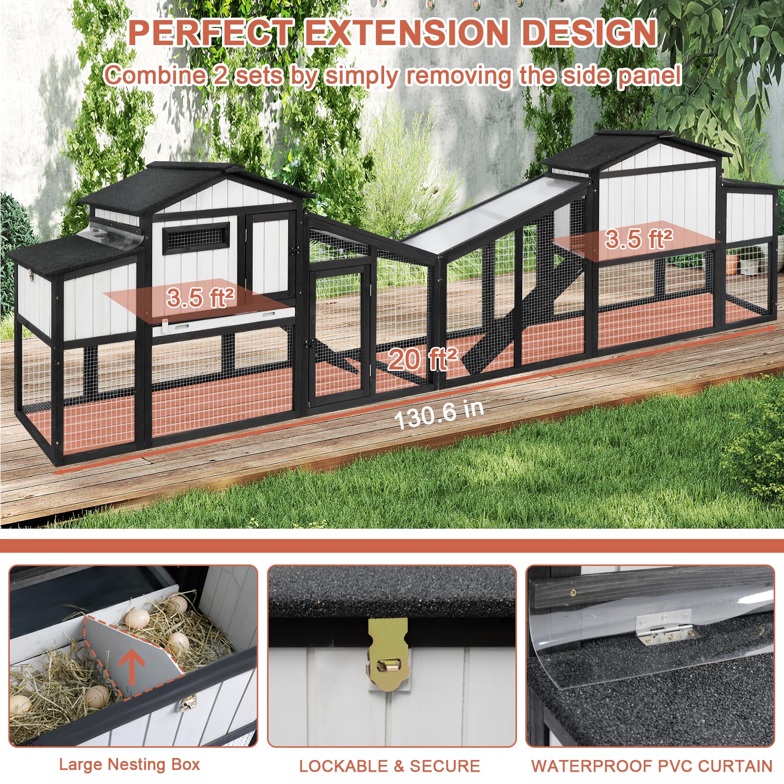 Snapklik.com : Ketive 130.6" L Large Chicken Coop And Run, Wooden Hen House For 2-4 Chickens, 2 ...