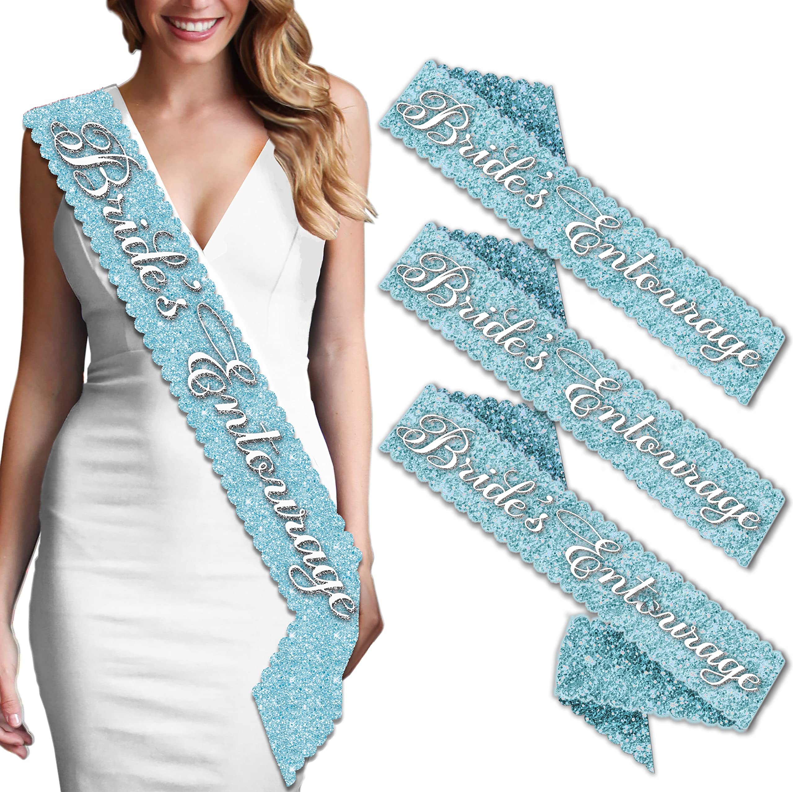 Amazon.com: Set of 3: Bride's Entourage Scalloped Sparkle Ice Blue Sash ...
