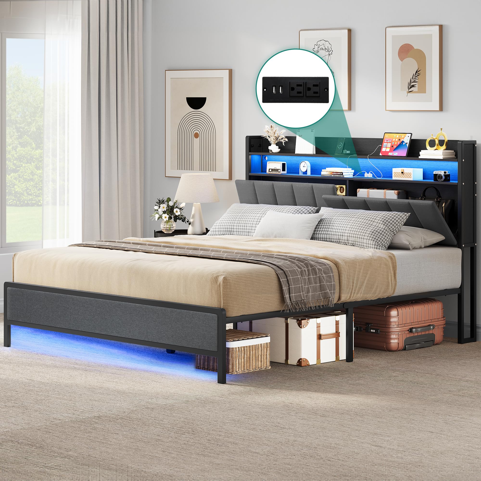 Amazon.com: YITAHOME King Size Bed Frame, LED Bed Frame with Storage ...