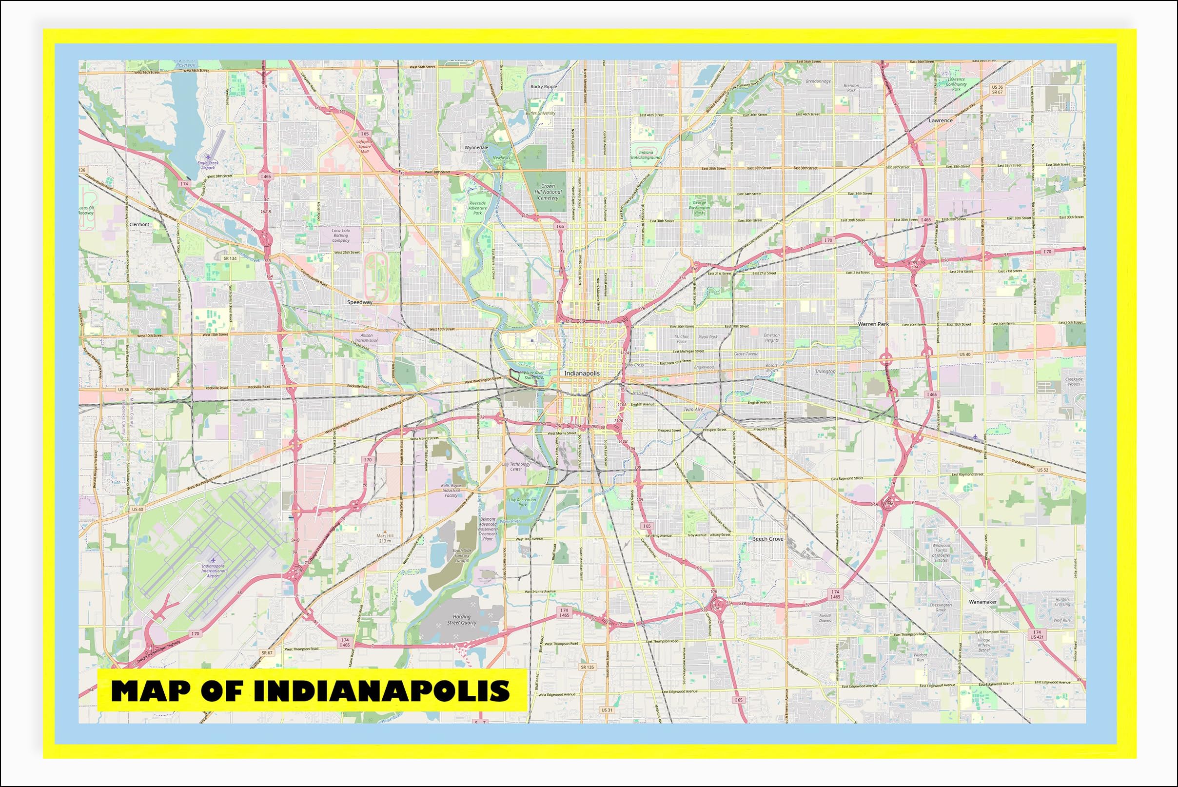 Amazon.com: 18x24 - Map of Indianapolis with Neighborhoods, Streets ...