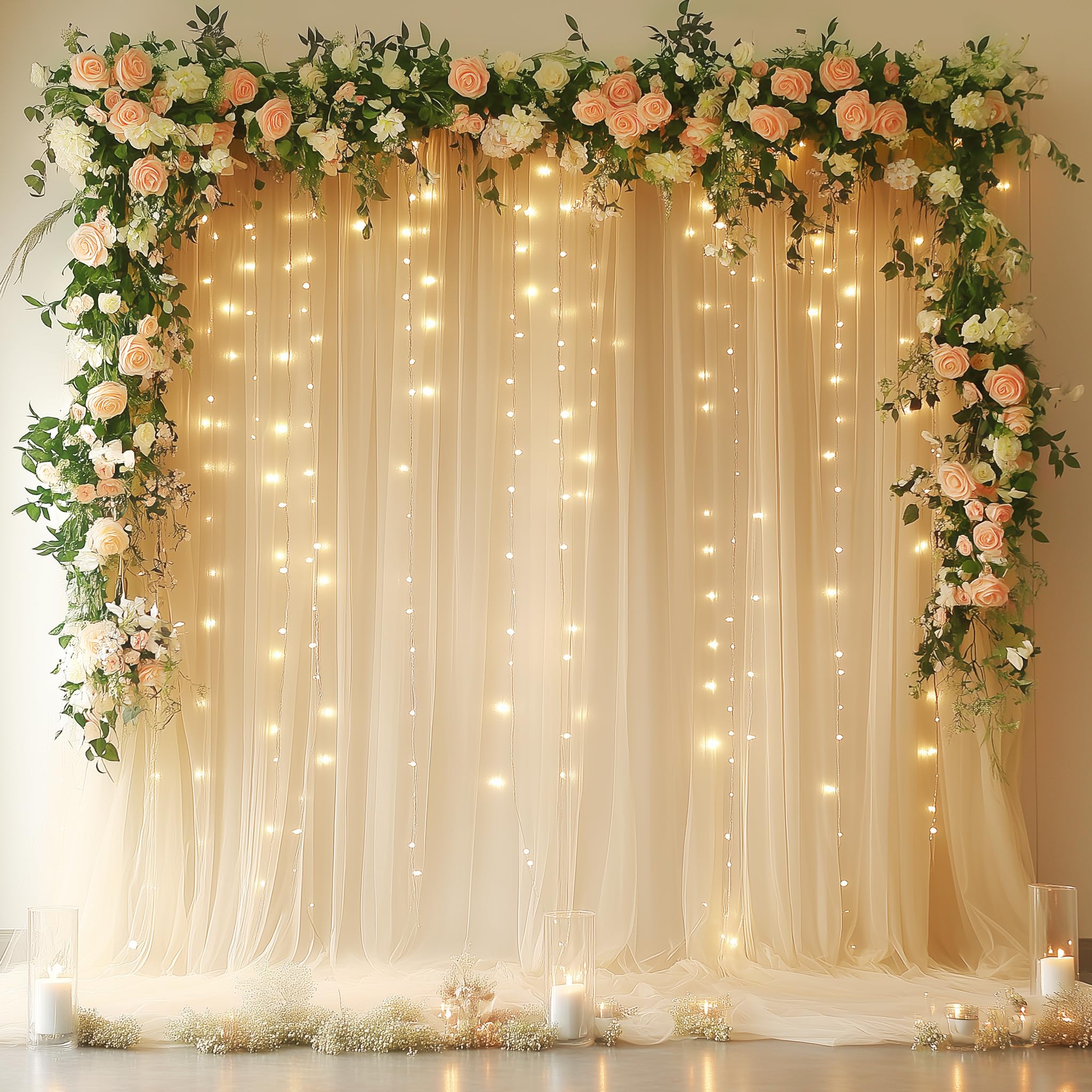 Amazon.com : Fomcet Champagne Tulle Backdrop Curtains with Lights ...