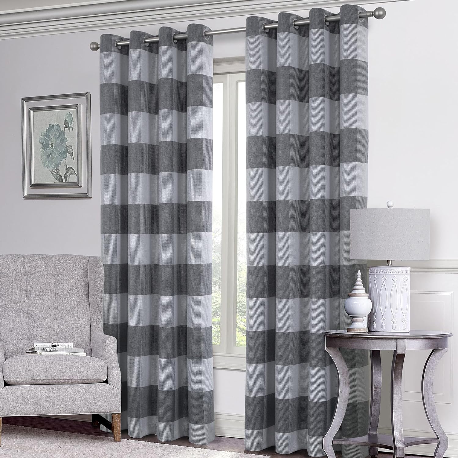 Amazon.com: always4u Light Grey Check Curtains Plaid Farmhouse Window ...