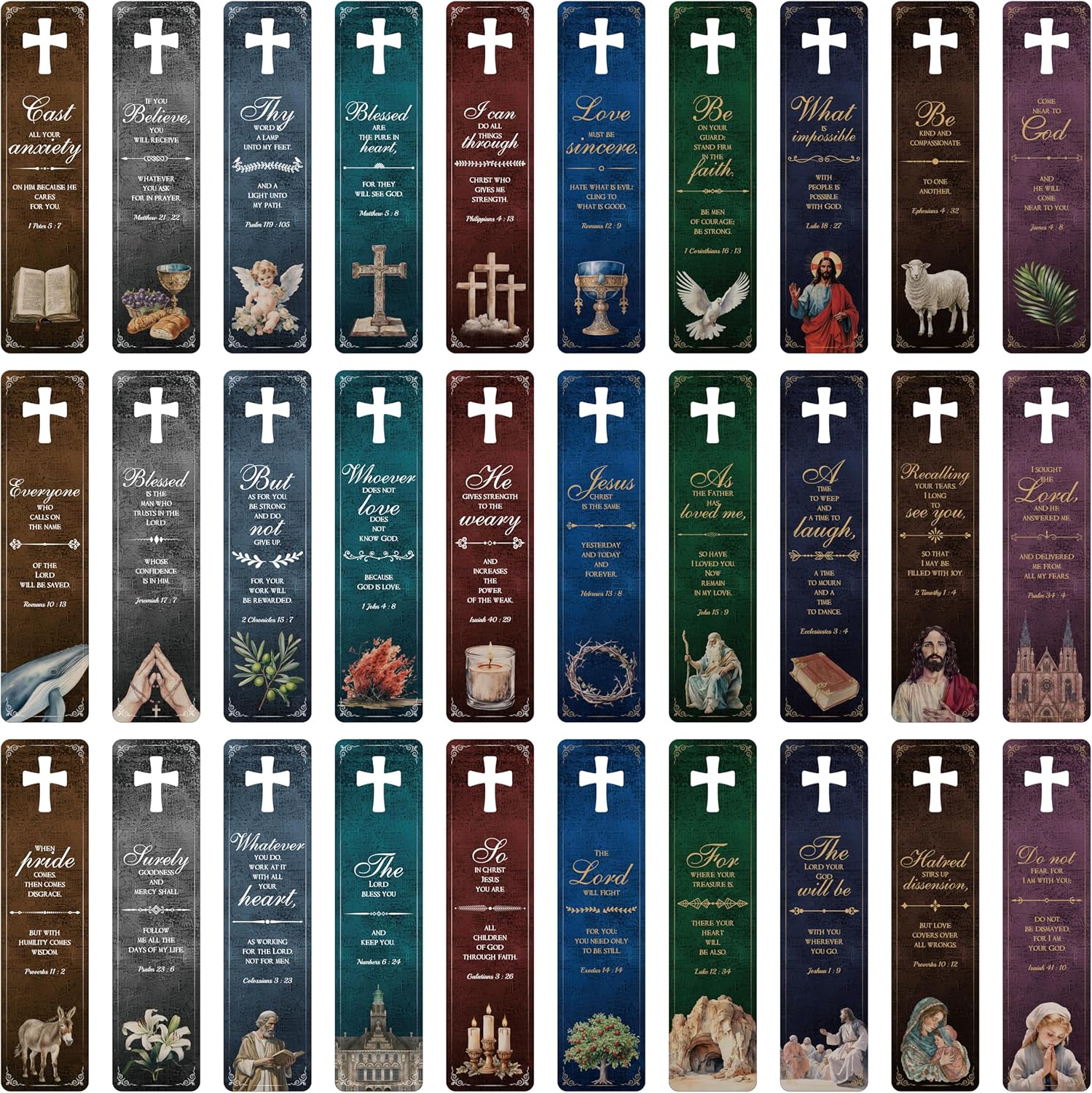120 PCS Bible Bookmarks, 30 Designs with Hollow Cross Double Sided ...