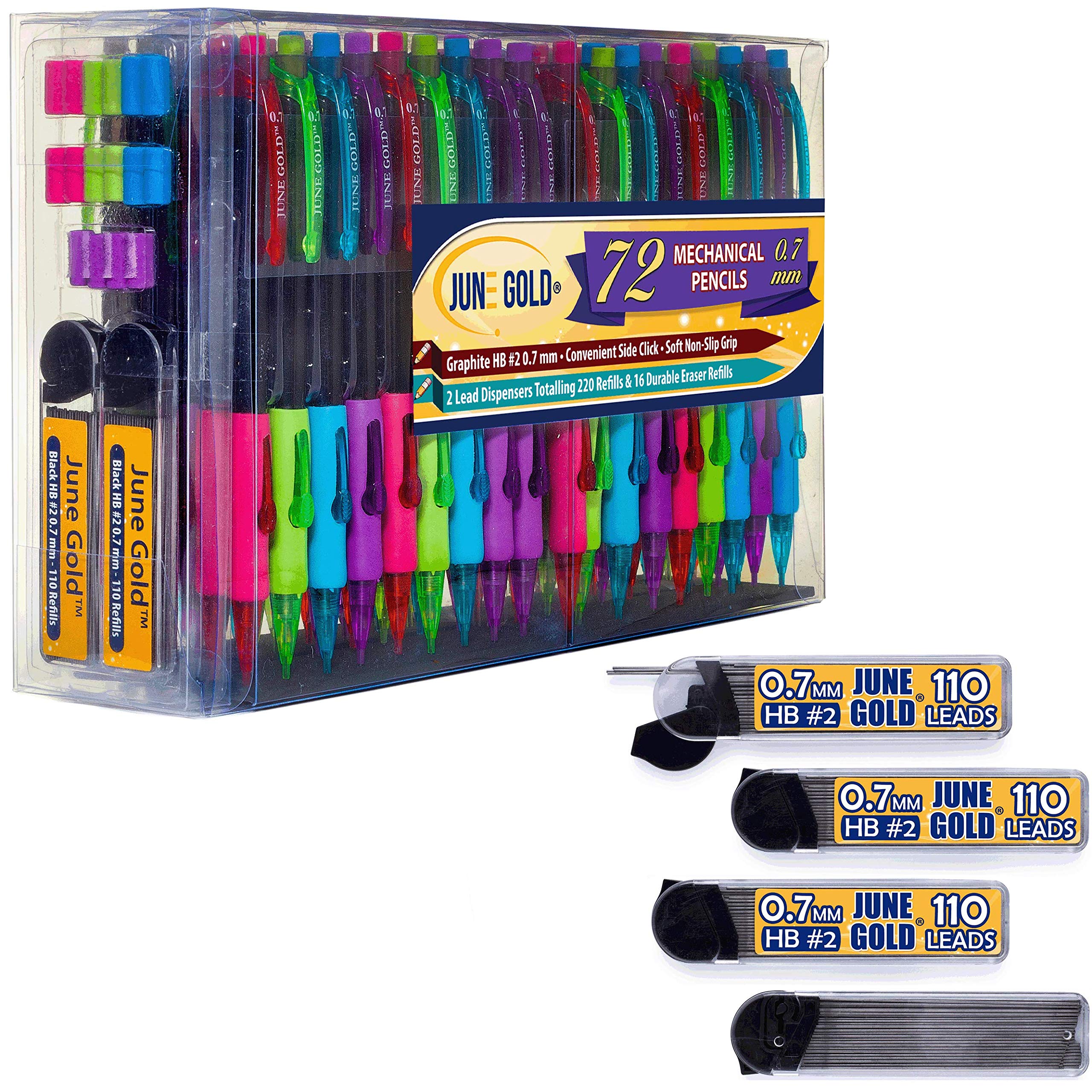 Amazon.com : June Gold 72 Mechanical Pencils, 0.7 mm HB #2 Lead, 6 Lead ...