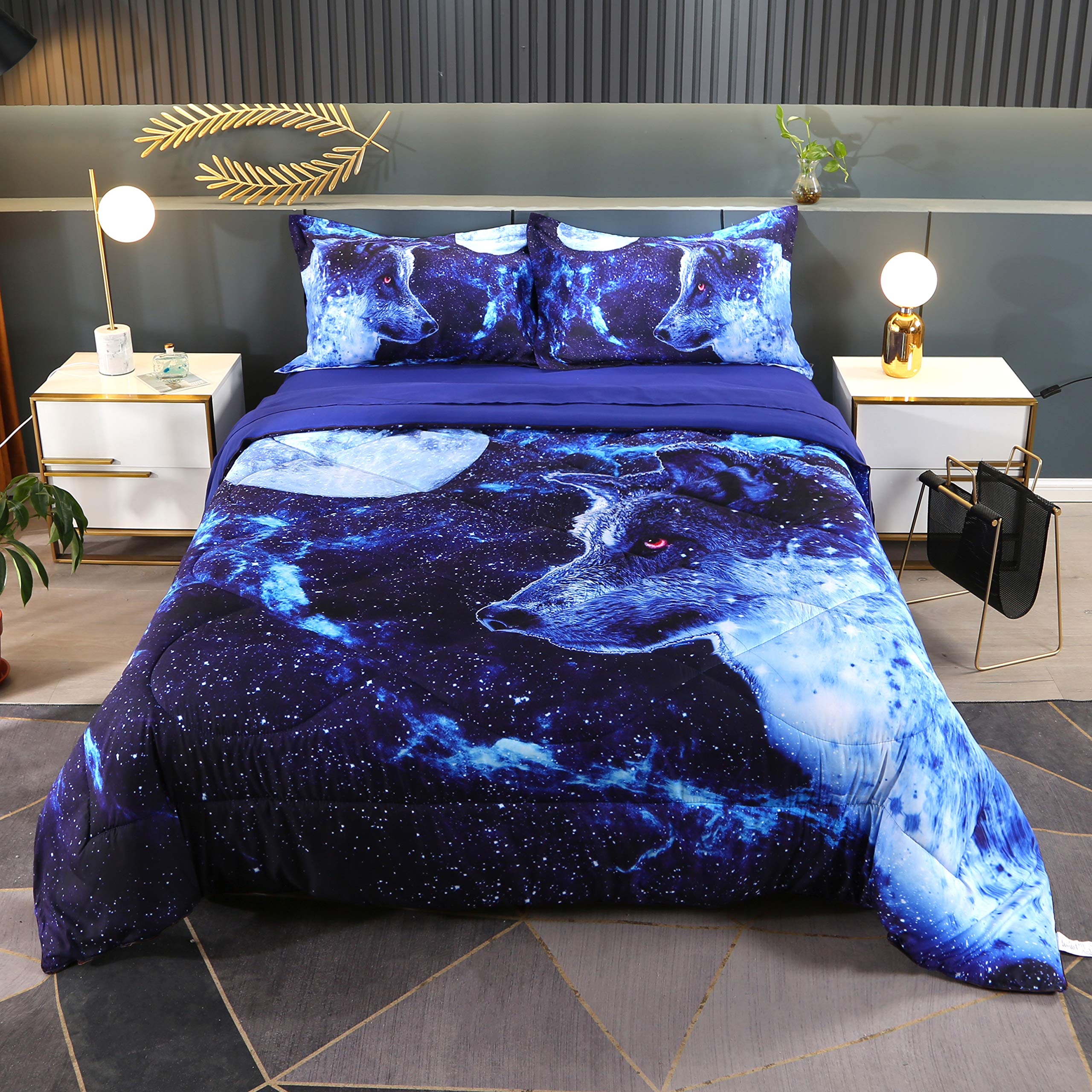 Wowelife Wolf Bedding Set Queen Size, Wolf Comforter Set 5 Piece Galaxy ...