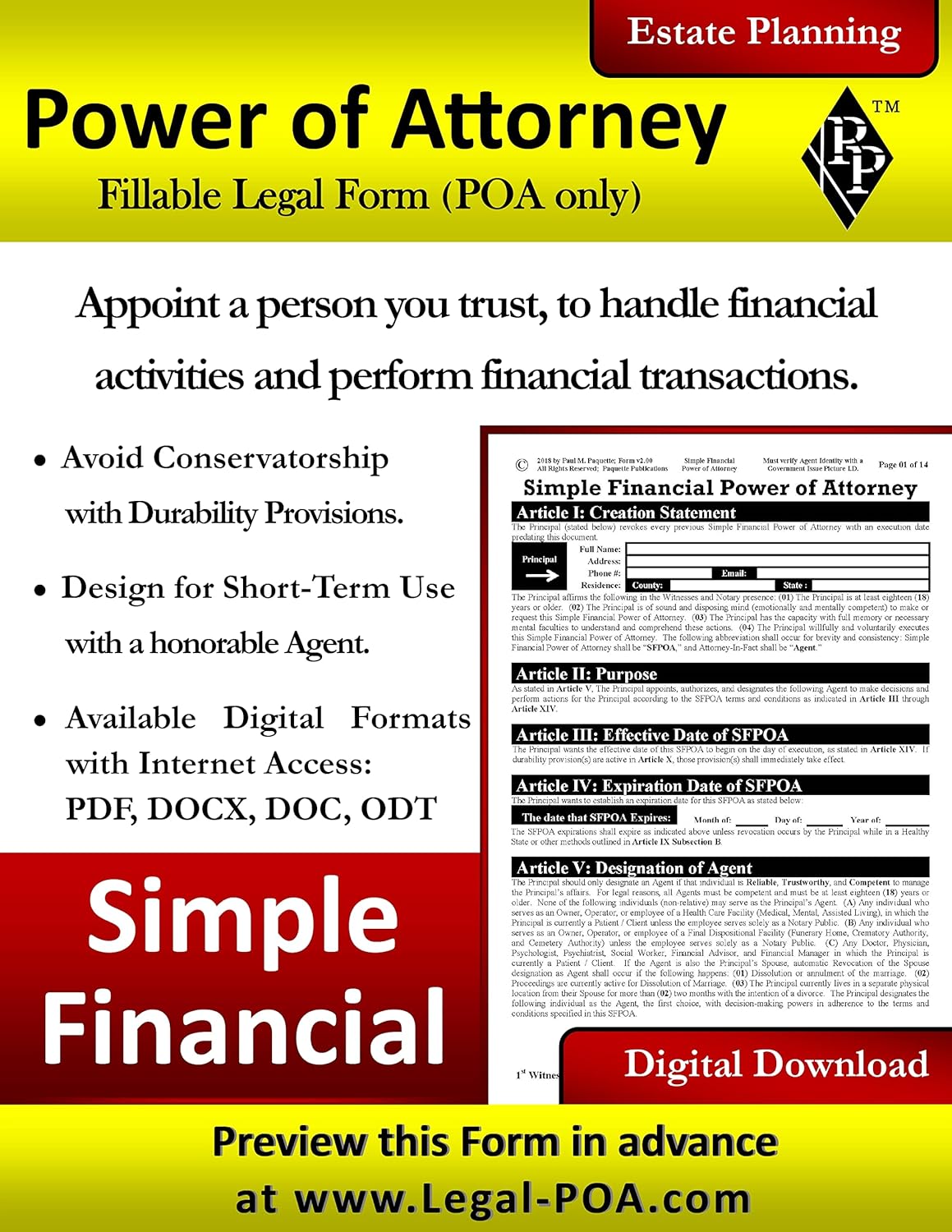 Simple Financial Power of Attorney: Fillable Legal Form ( POA Only ...