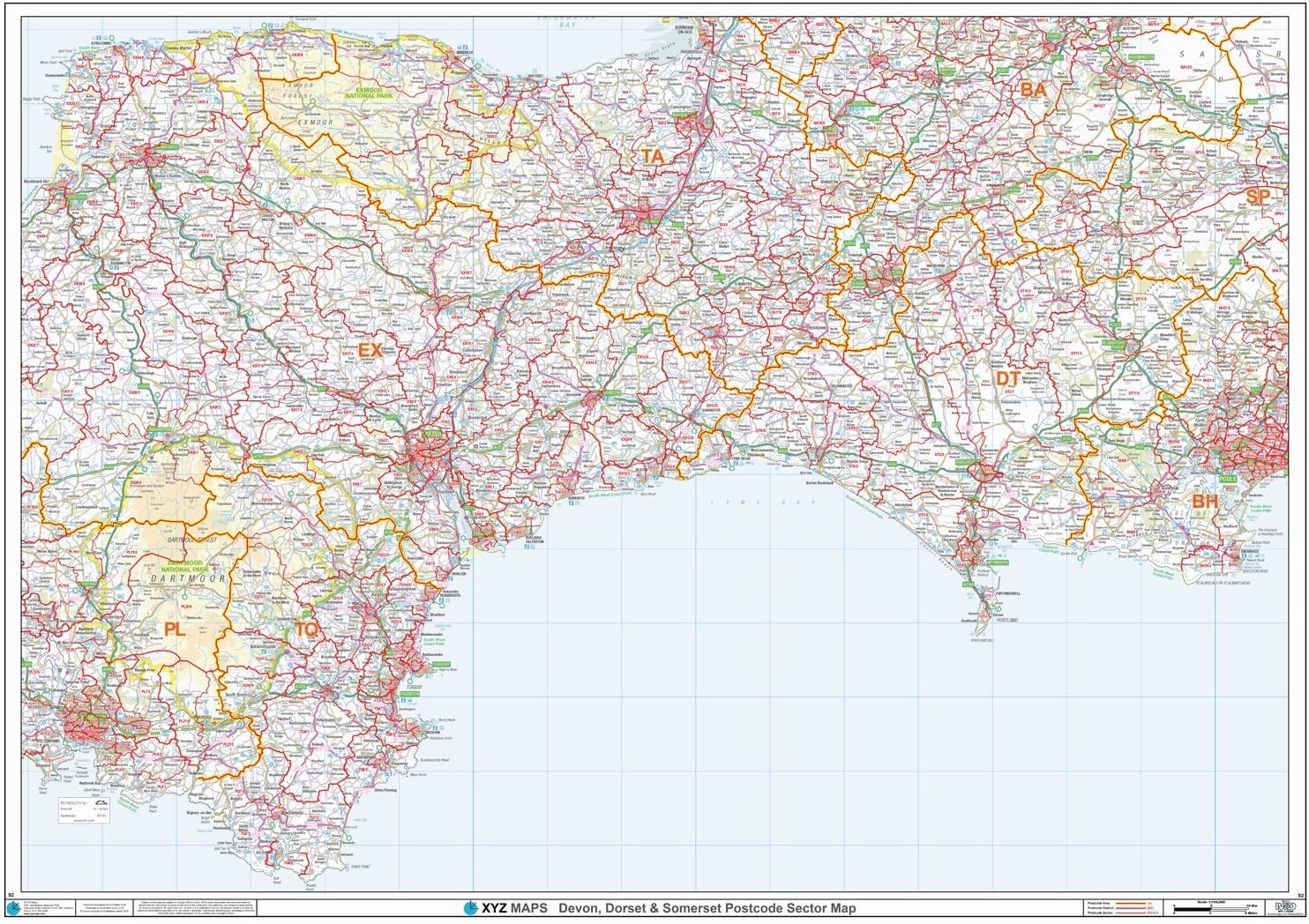Postcode Sector Map - (S2) - Devon, Dorset & Somerset - Wall Map ...