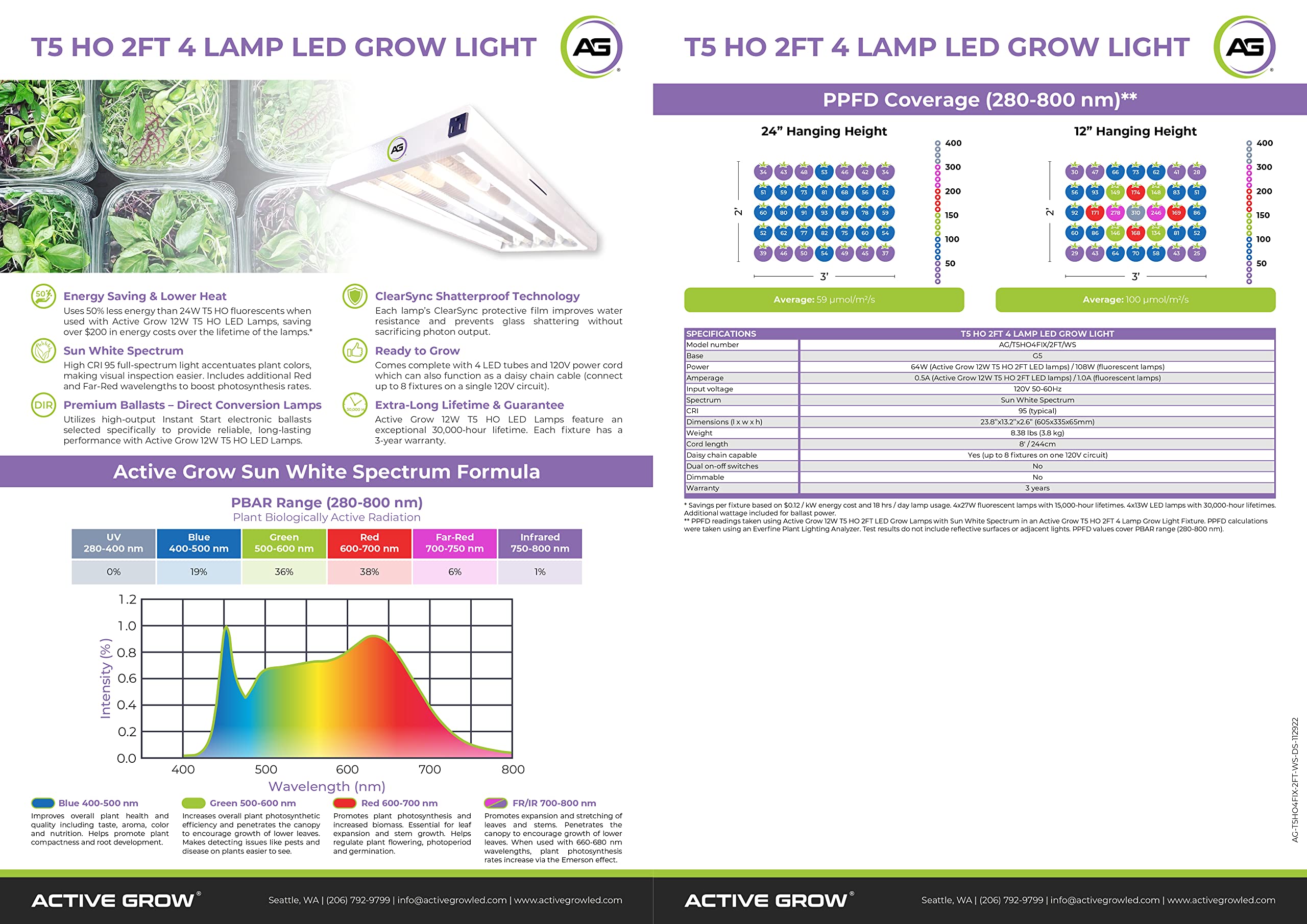 Active Grow T5 Grow Light Fixture 2FT - 4X12W T5 HO LED Grow Light Bulb ...