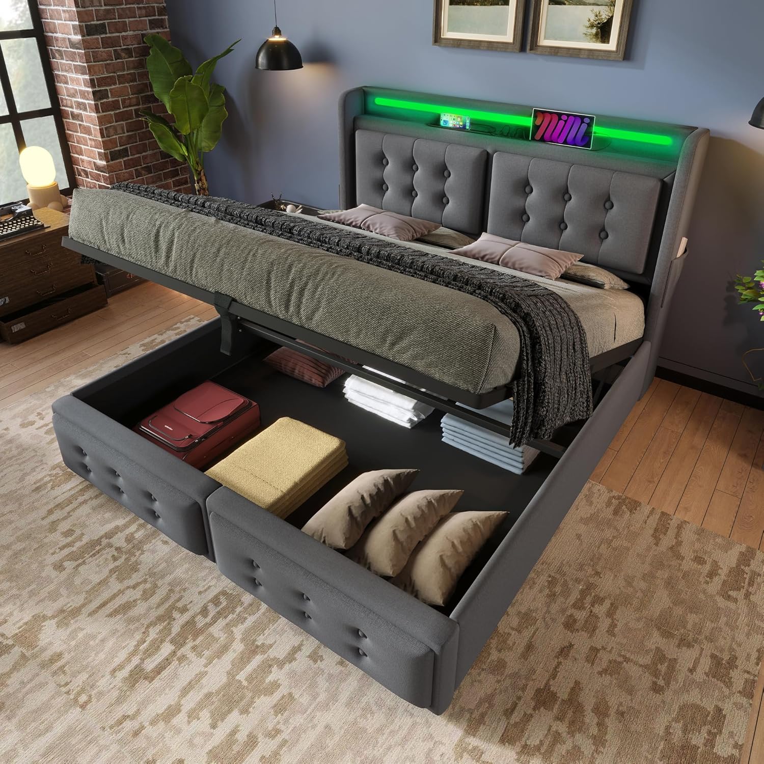 Kayan Upholstered Bed, 140 x 200 cm, Double Bed with Storage Space and ...