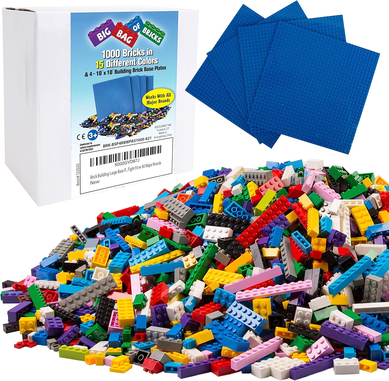 Amazon.com: 1000 Pc Building Brick Set with (4) 10"x10" Blue Baseplate ...