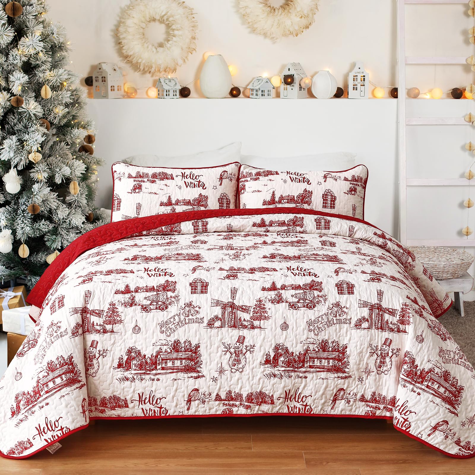 Amazon.com: DJY Christmas Quilt Set King Size 3 Piece Red Yuletide ...