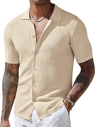 Amazon.com: COOFANDY Men's Short Sleeve Knit Shirts Casual Button Down Polo Shirt Fashion Summer ...