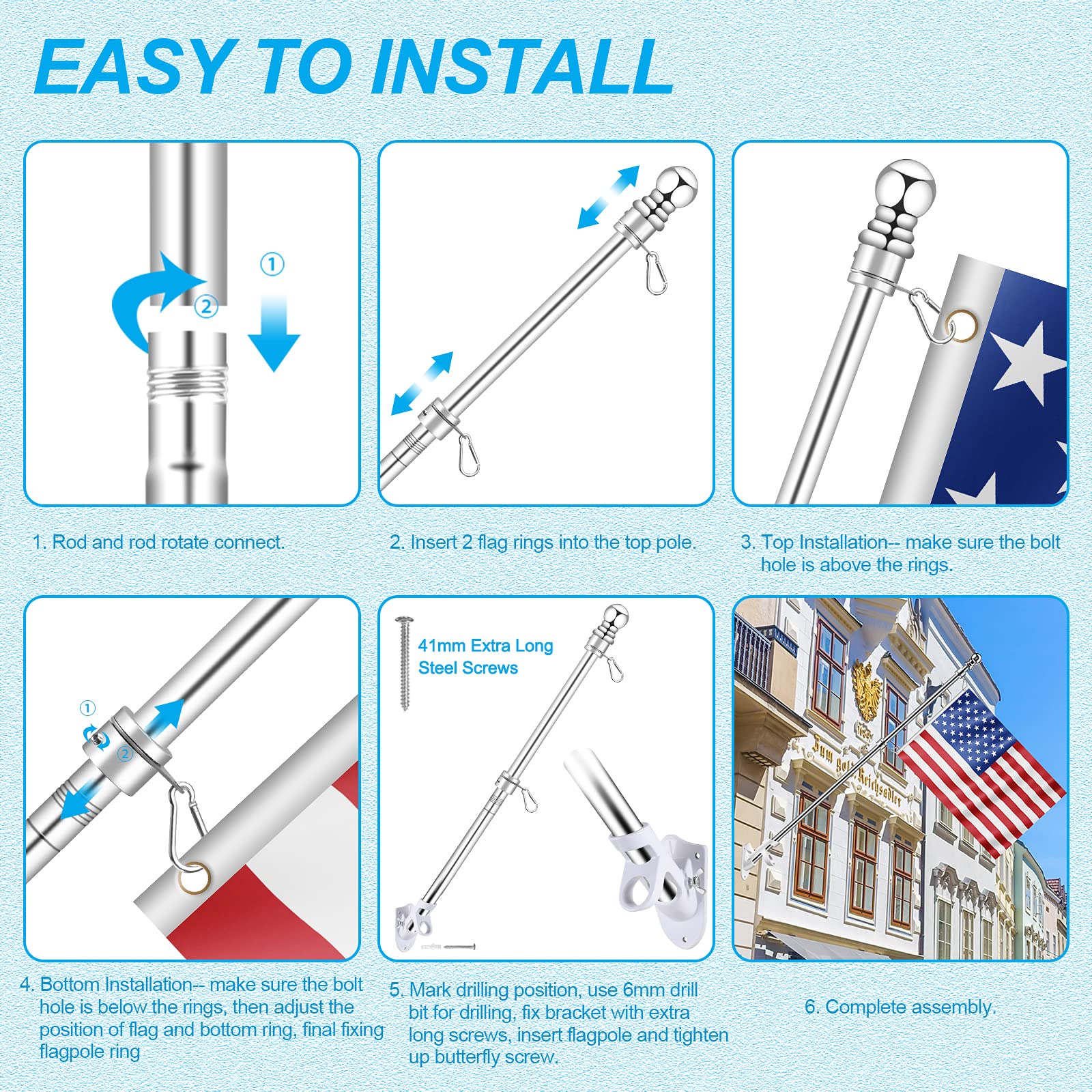 Snapklik.com : 6 FT Metal Flag Pole Kit For Outside House W/ 2-Position ...