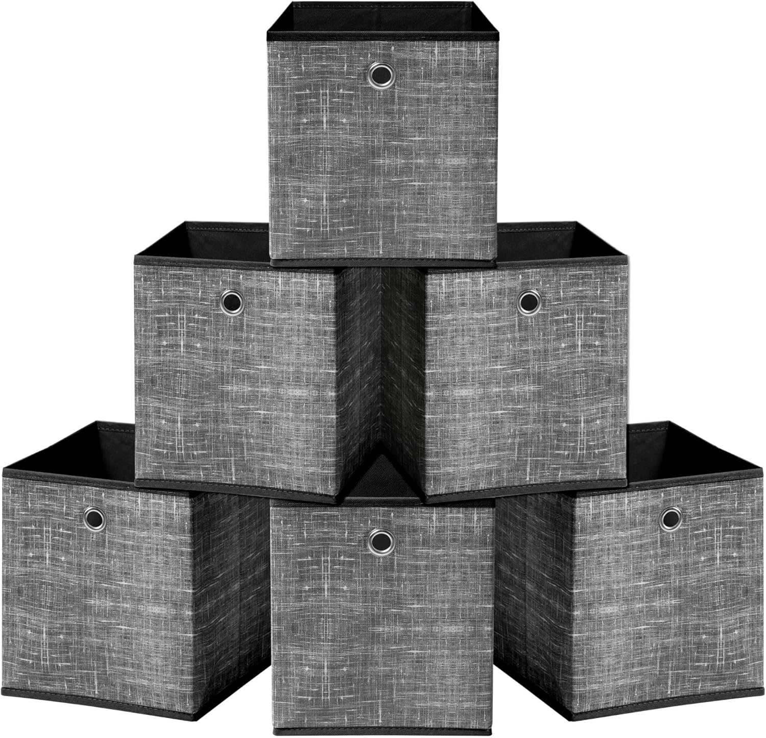 HEFTMAN Foldable Storage Cube Boxes - Set of 6 Grey & Black Fabric ...