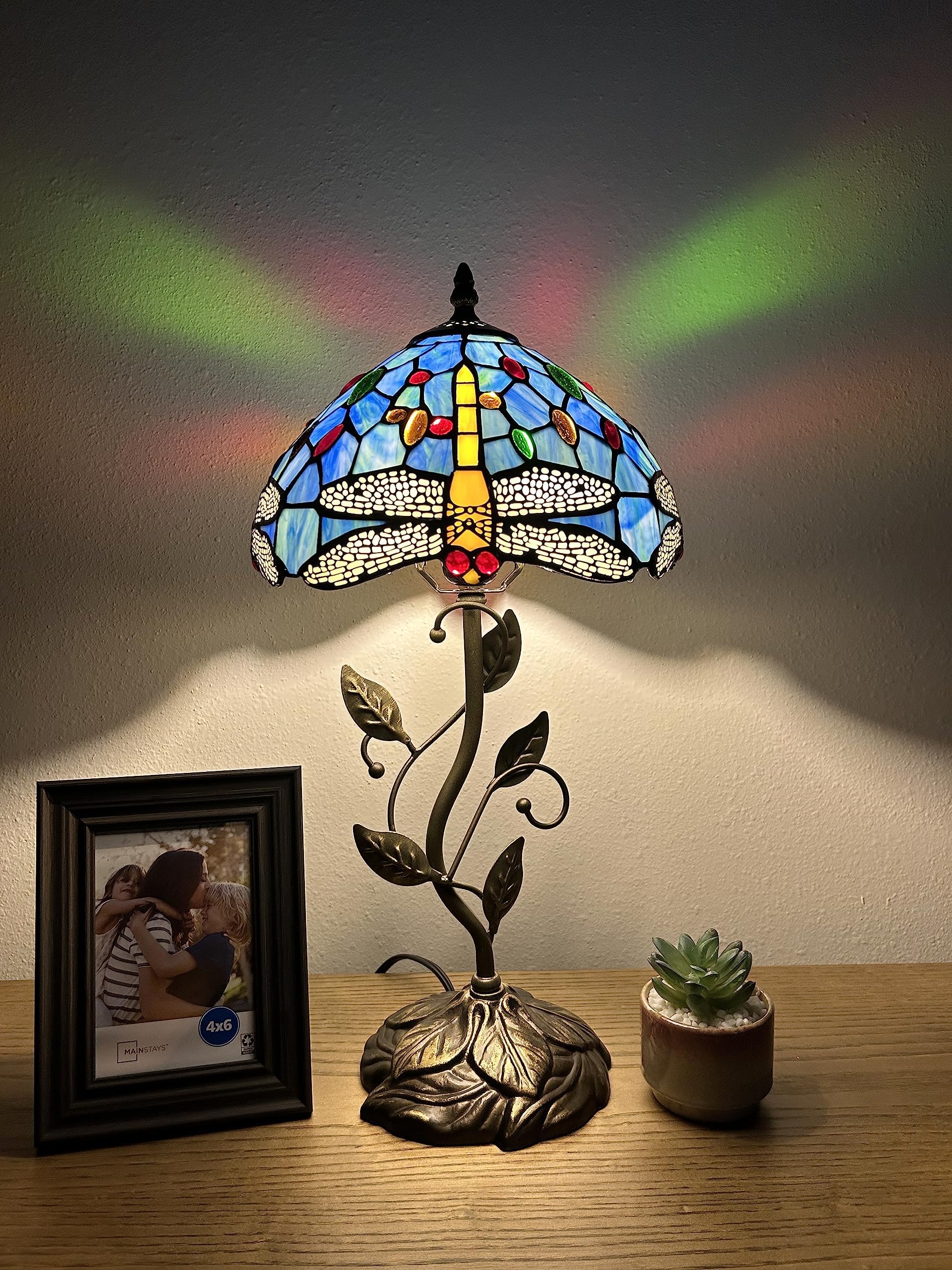 enjoy decor lamps Tiffany Table Lamp Blue Stained Glass Dragonfly Iron ...