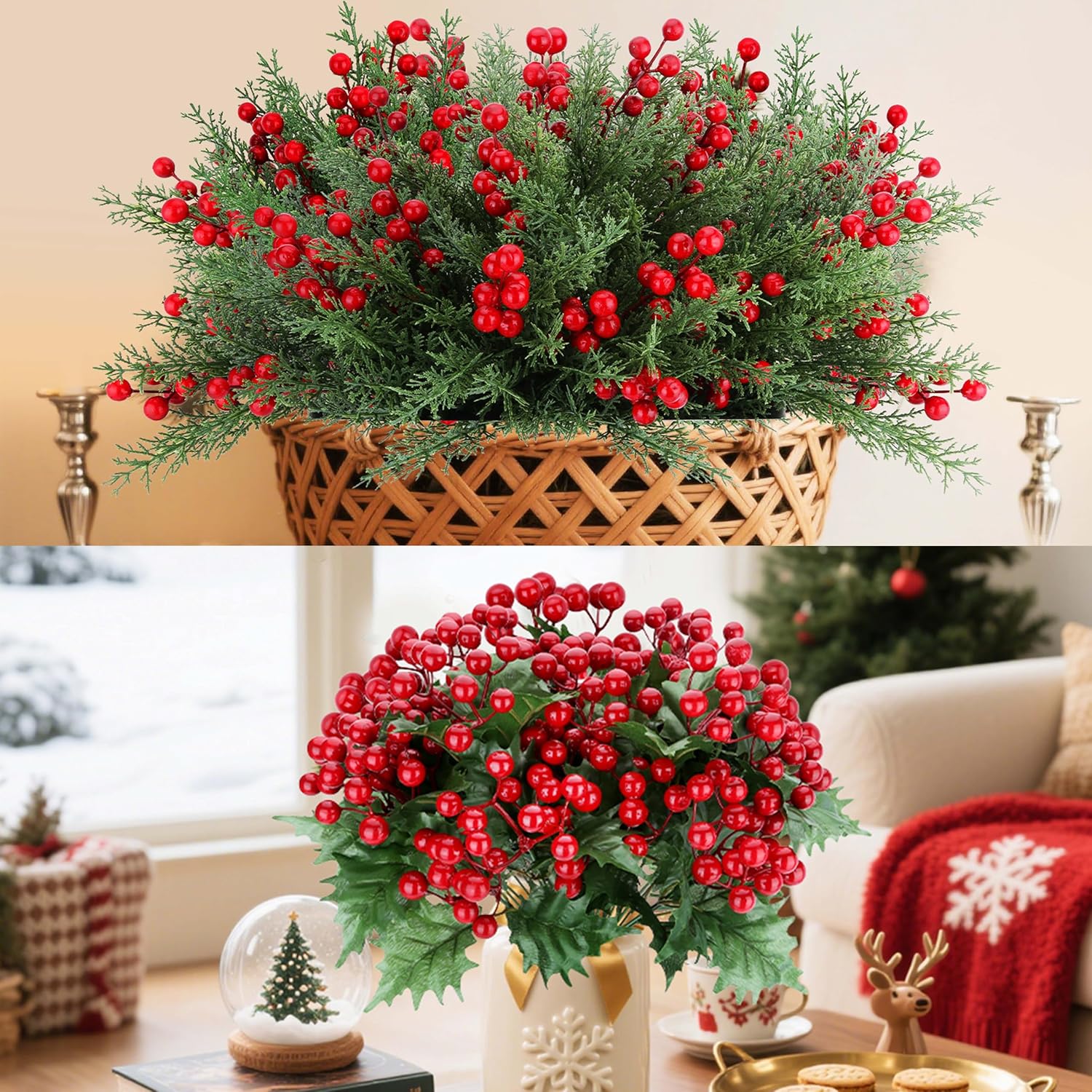 Amazon.com: ICEROYCE 4 Bundles Artificial Christmas Red Berry Pine ...