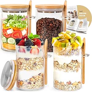 Amazon.com: Overnight Oats Containers with Lids, Labels & Spoons (4 x 16oz) Glass Jars for ...
