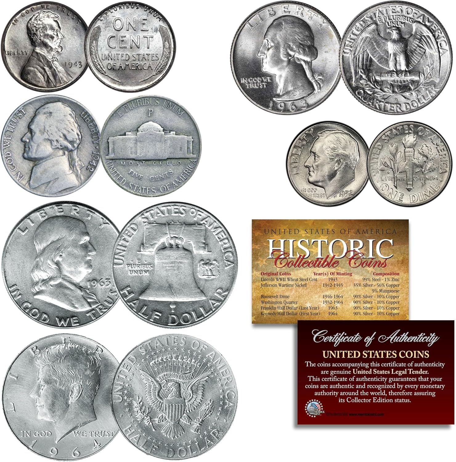 Amazon.com: Original Old U.S. Silver Coins 6 Coin Set of Historic ...