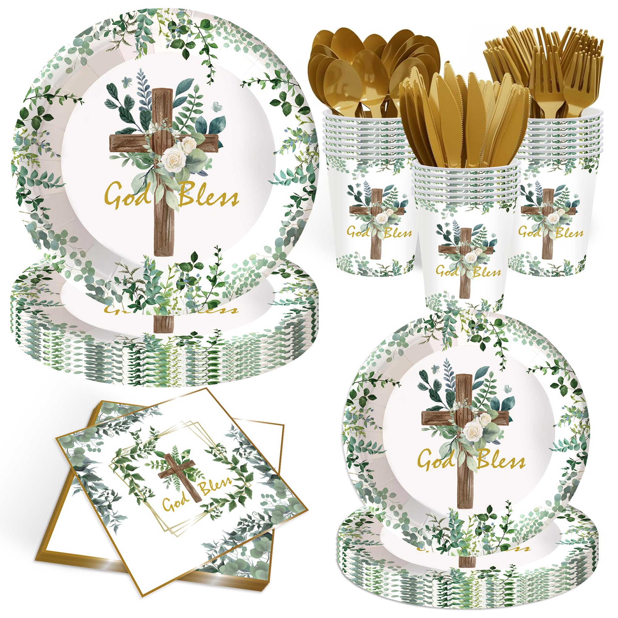 Amazon.com: 168Pcs God Bless Plates and Napkins Baptism Tableware Set ...
