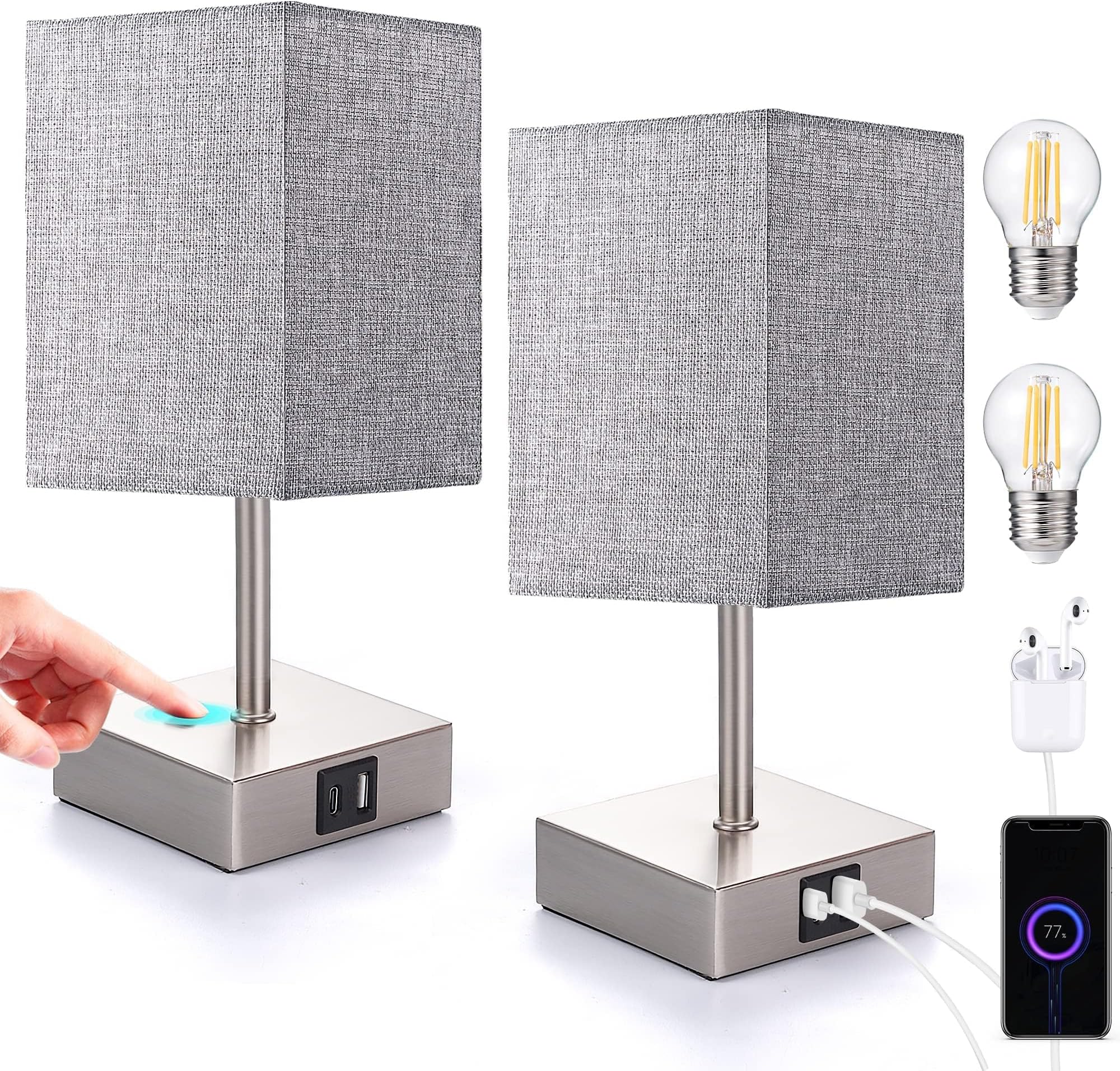 Aooshine Bedside Lamps Set of 2 Touch Table Lamps with USB-C USB-A ...