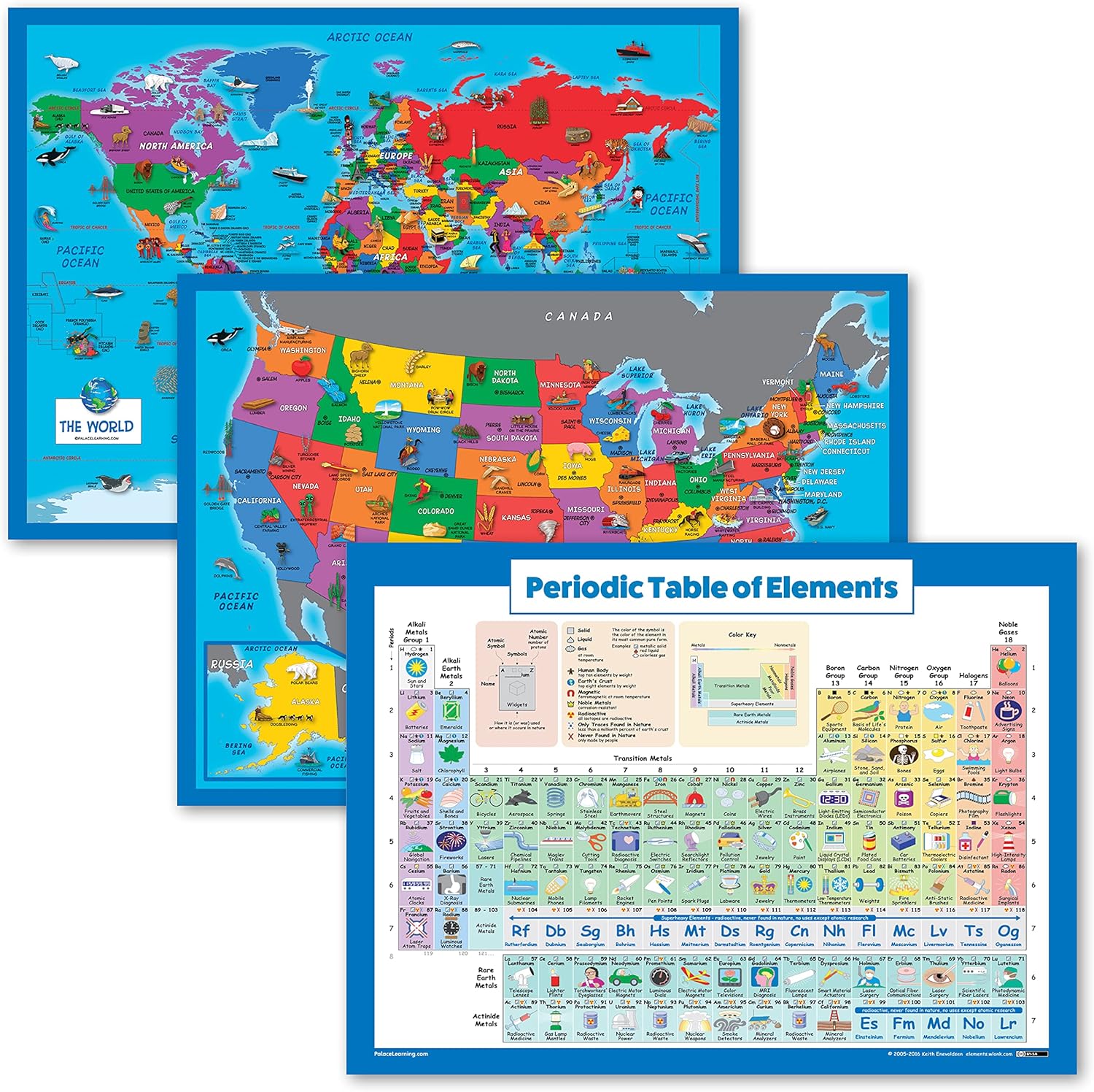 Amazon.com: 3 Pack - World & USA Map Chart [Illustrated Short ...