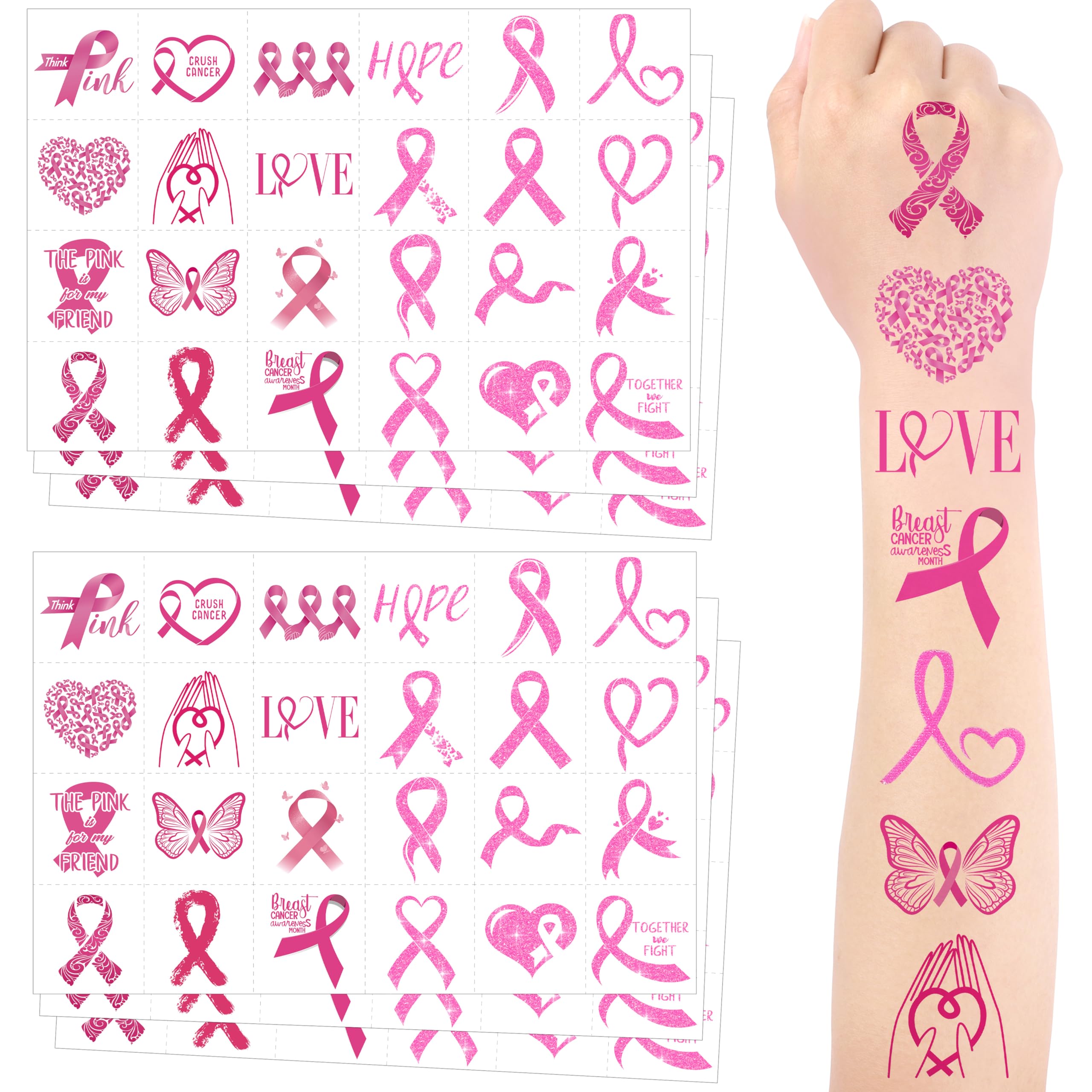 Snapklik.com : 144 Pieces Pink Ribbon Glitter Tattoos Breast Cancer ...