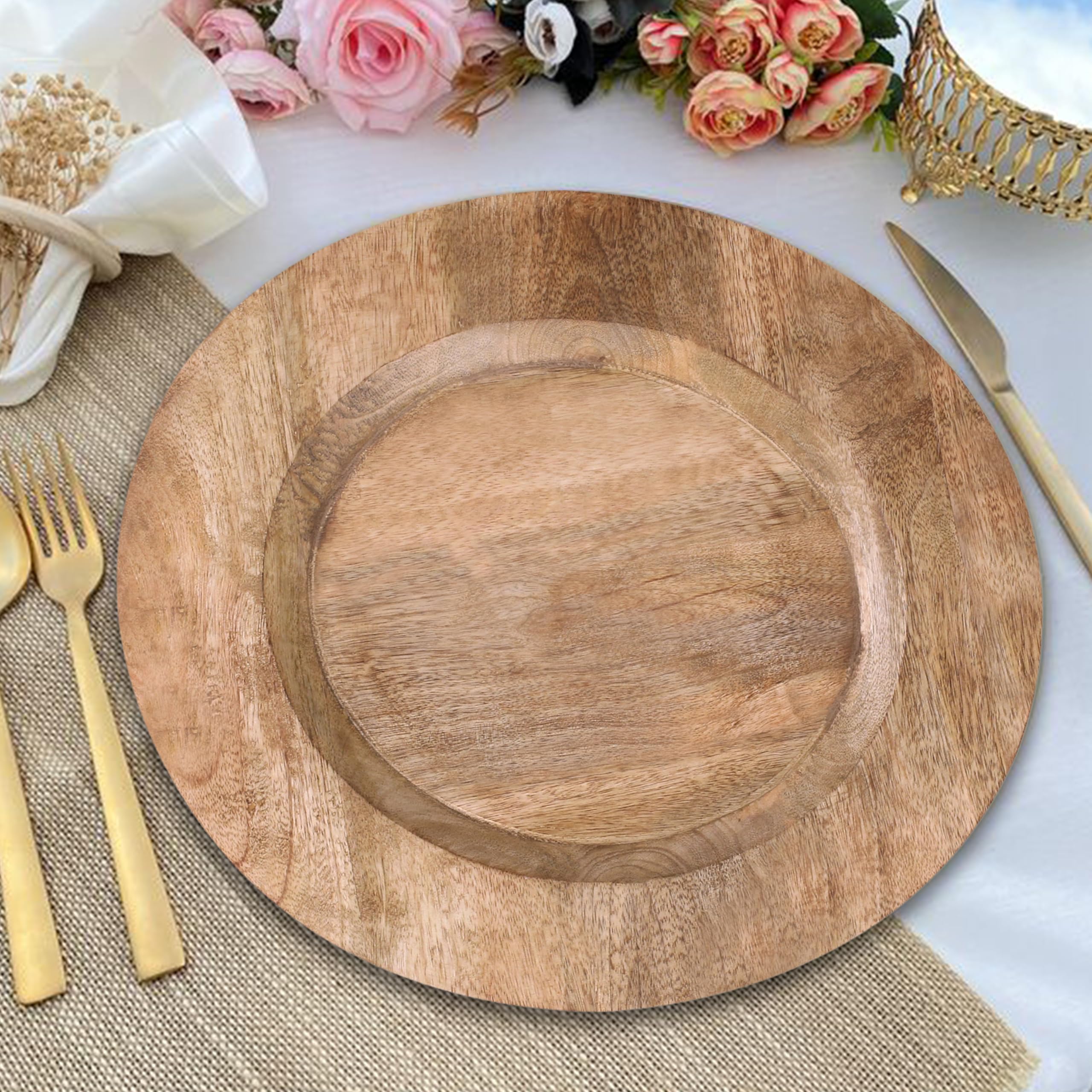 Amazon.com | JRHCGH 13" Round Faux Wooden Plastic Plates, Brown Antique ...