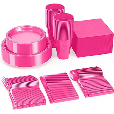 Amazon.com: durony 350 Pieces Hot Pink Paper Dinnerware Set 7 Inch 9 ...