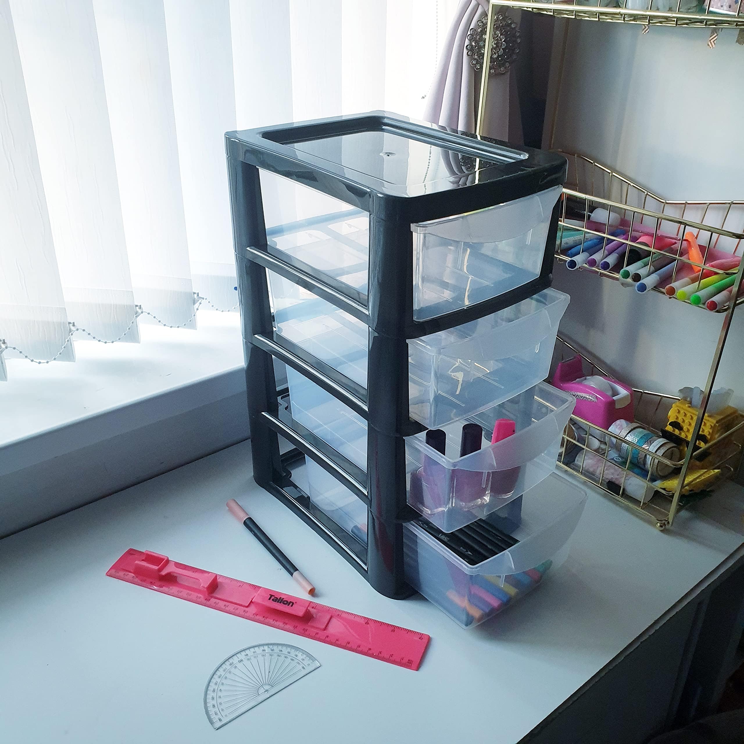 Small 4 Tier Desktop Drawer Unit Silver Stationery Storage Filing Tower ...