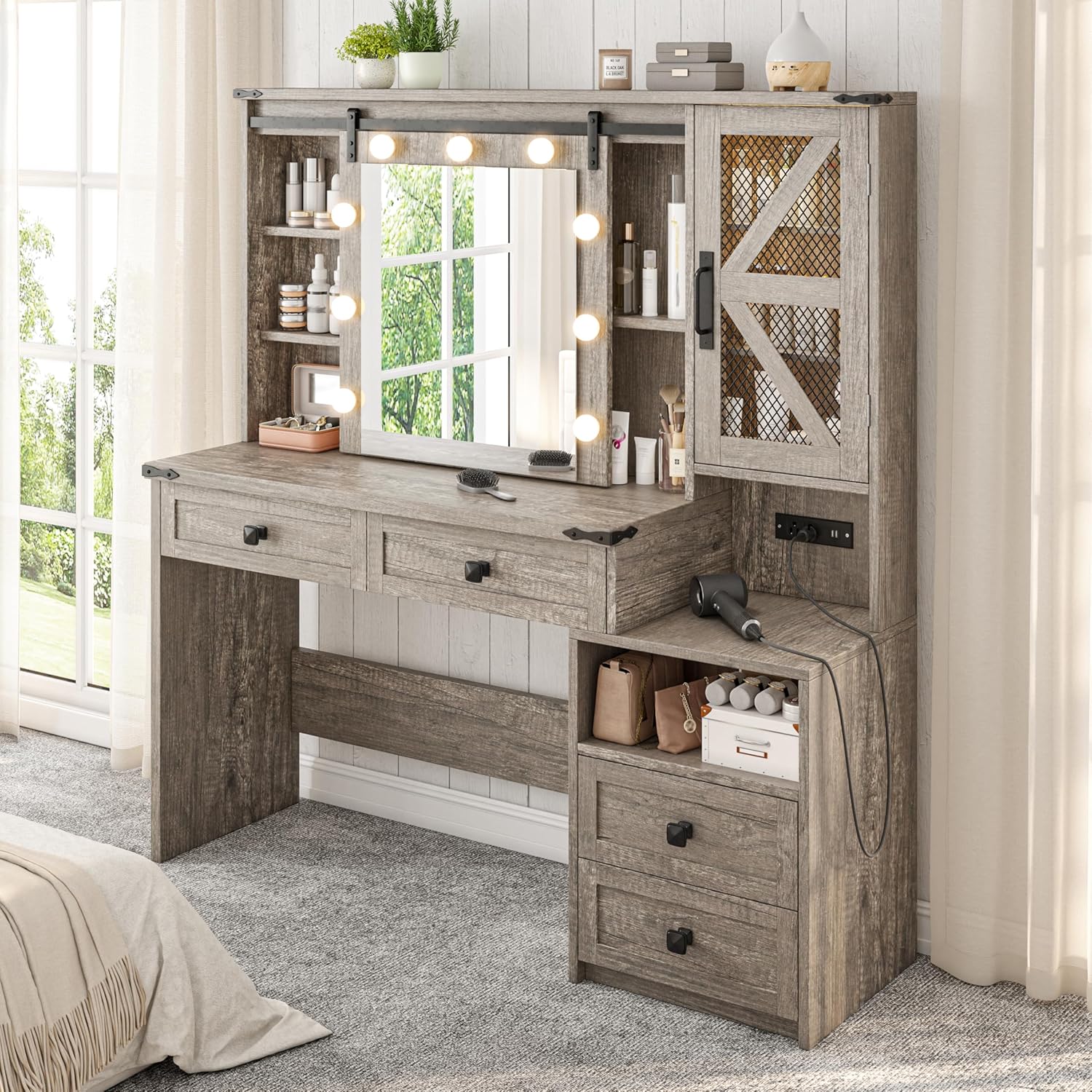 Amazon.com: EnHomee Farmhouse Vanity Makeup Desk with Charging Station ...