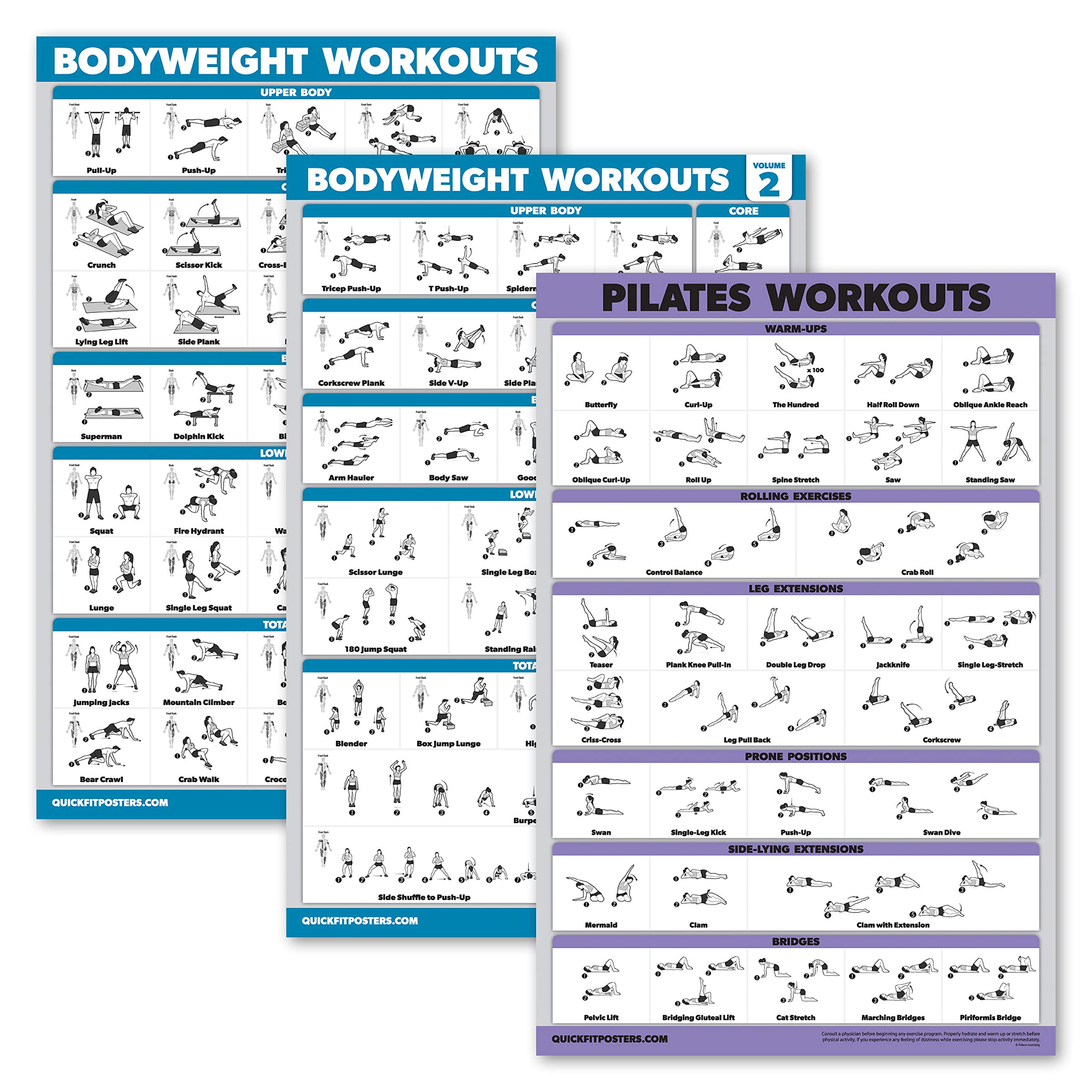 3 Pack: Bodyweight Workout Posters Volume 1 & 2 + Pilates Exercise ...