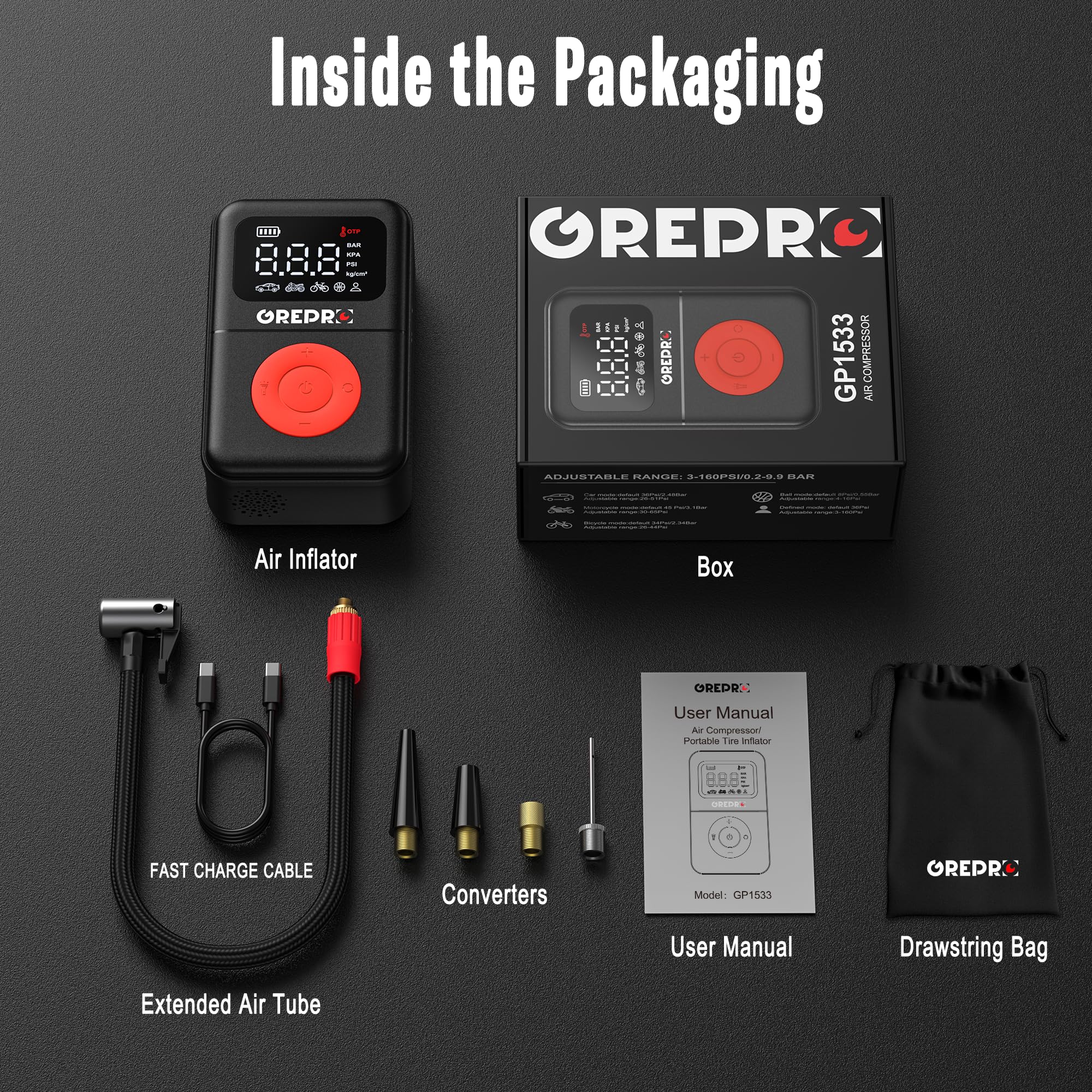 GREPRO Tire Inflator Portable Air Compressor, 160 PSI Portable Air Pump ...