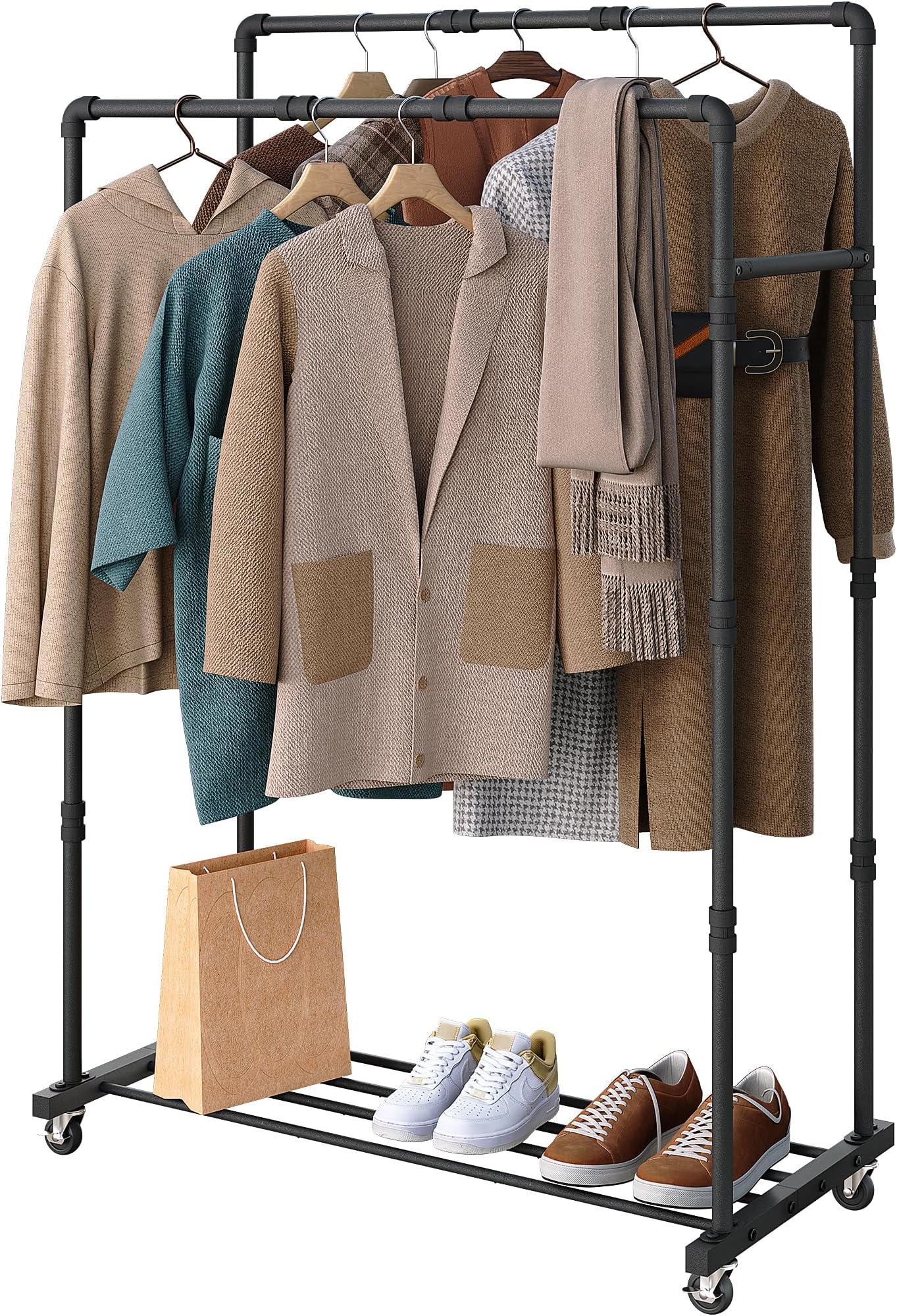 OROPY Double Clothes Rail on Wheels, Industrial Clothing Rack with ...