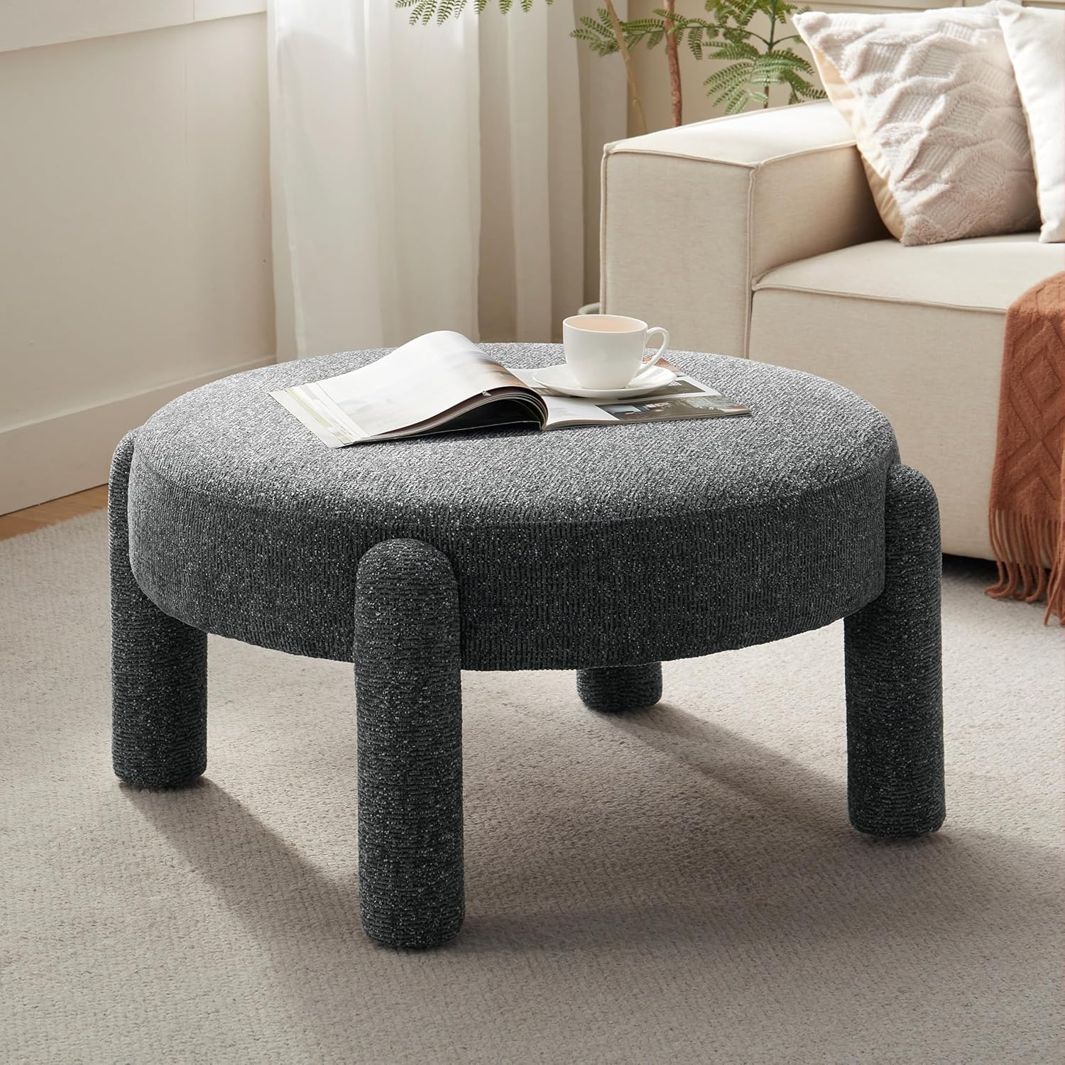 Amazon.com: VKNOW 17.1" Mordern Coffee Tbale, Round Upholstered Ottomans with Chenille Fabic ...