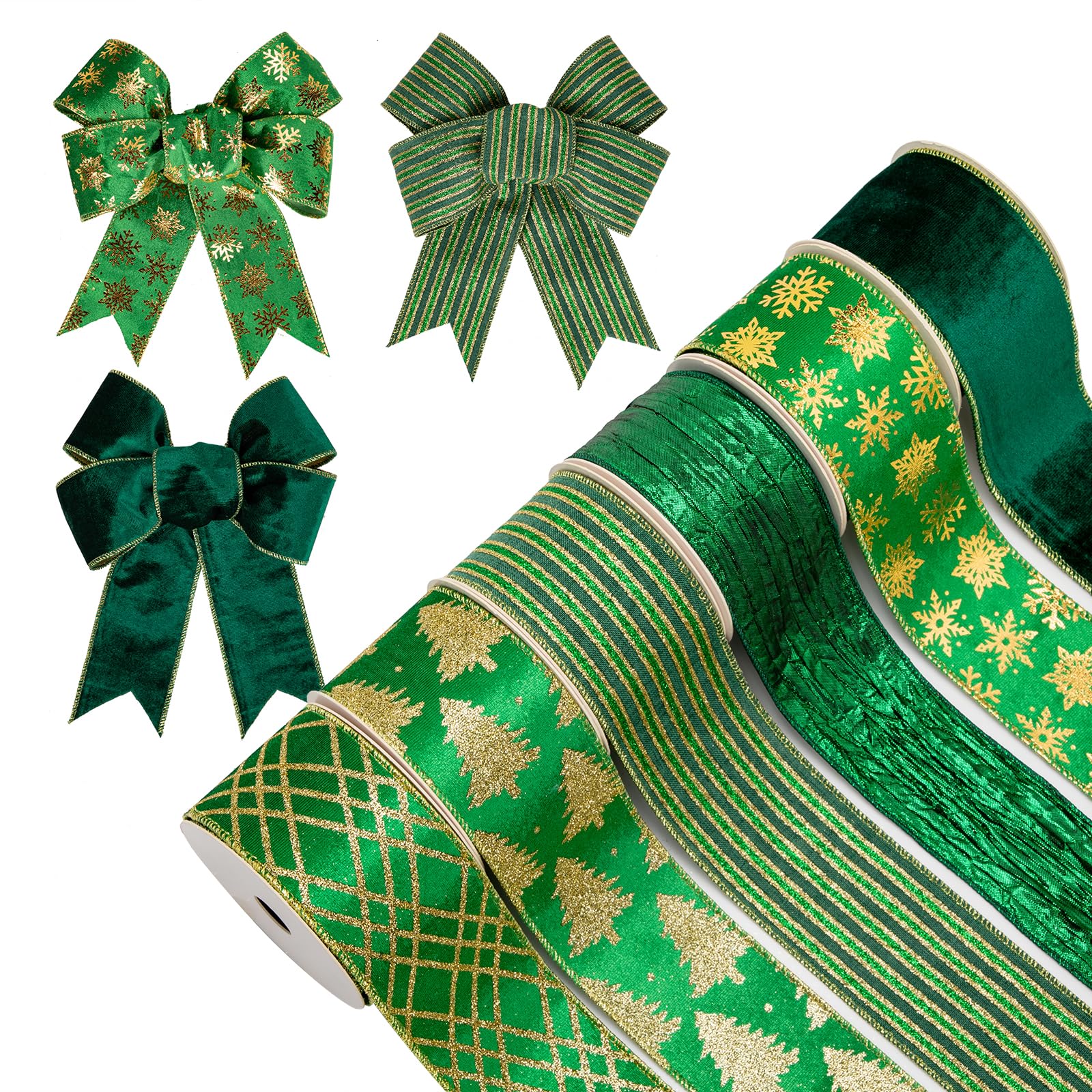 Oairse 6 Rolls 6.3cm Velvet Christmas Ribbon 30 Yards Green Christmas ...
