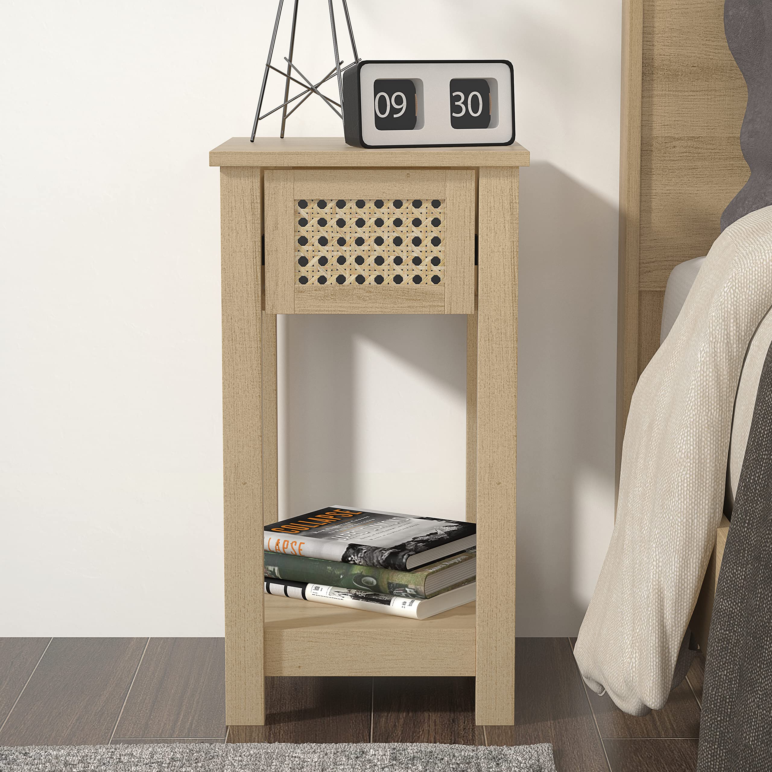 Galano Gio Bedside Table - Stylish Bedside with Rattan Effect - Slim ...