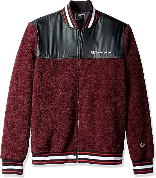 Champion Men's Sherpa Baseball Jacket, mulled berry/black, X-Large at ...