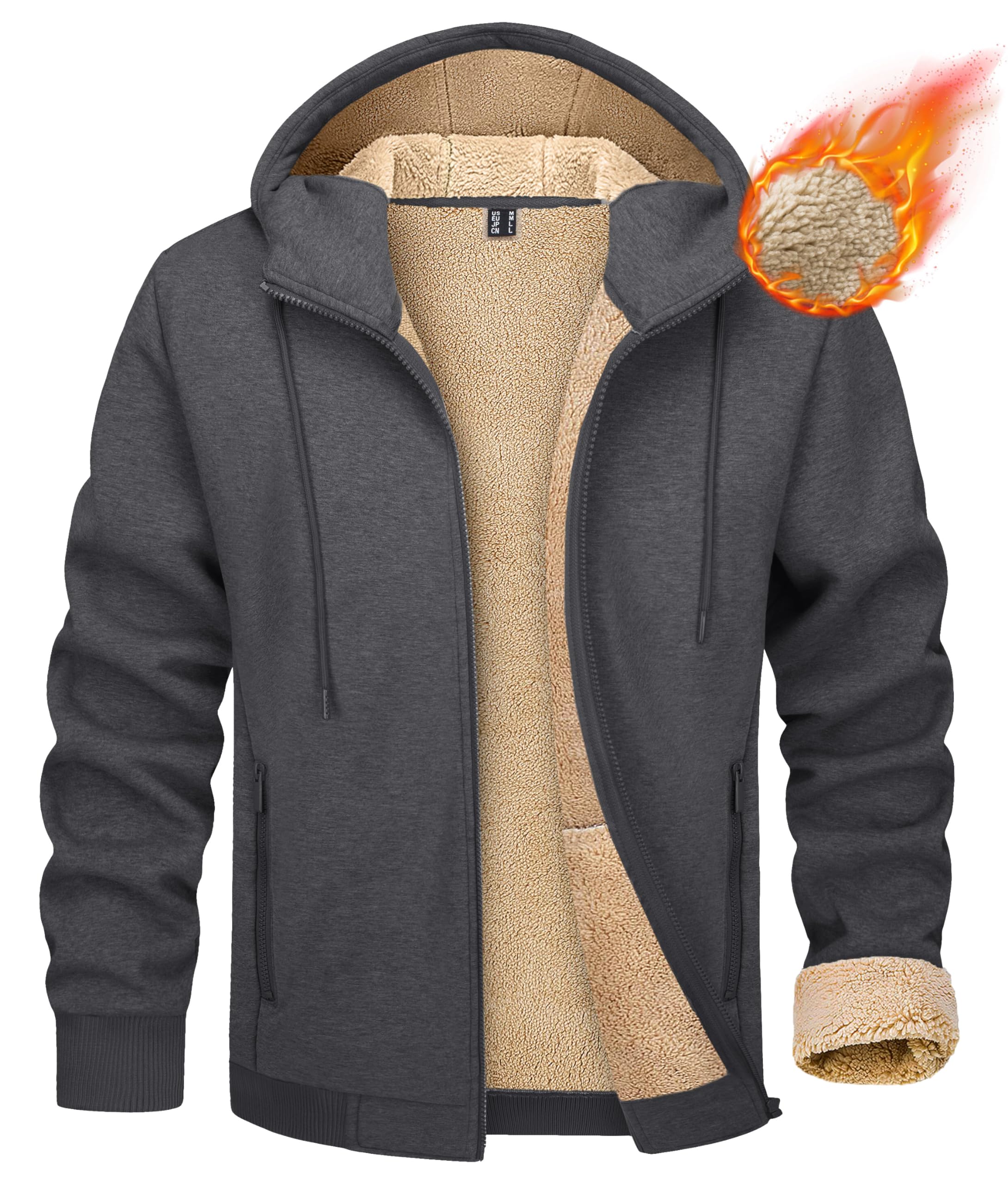 MAGCOMSEN Men's Fleece Hoodie Sherpa Jacket Full Zip Warm Fuzzy ...