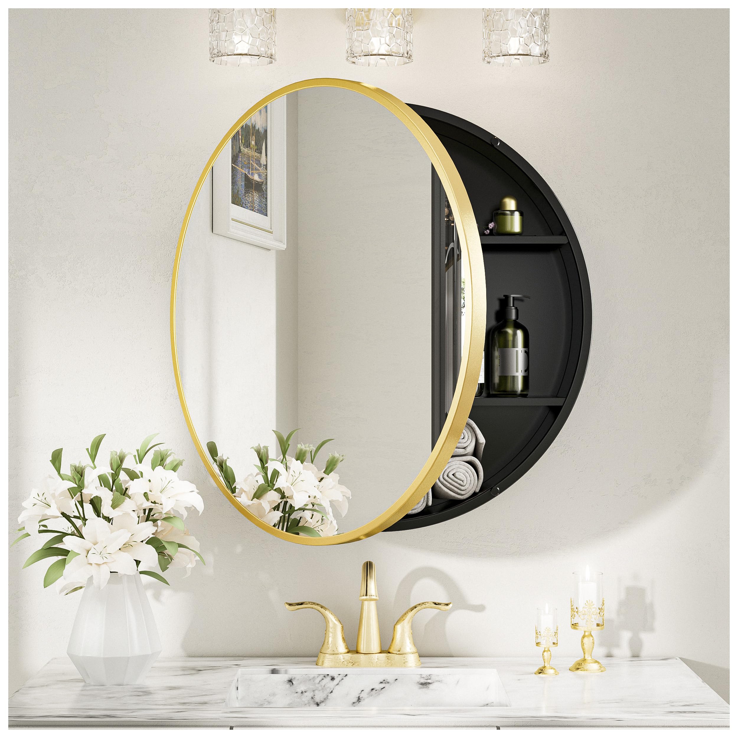 Snapklik.com : Keonjinn 20" X 20" Round Medicine Cabinet Mirror, Gold Mirror Medicine Cabinet ...