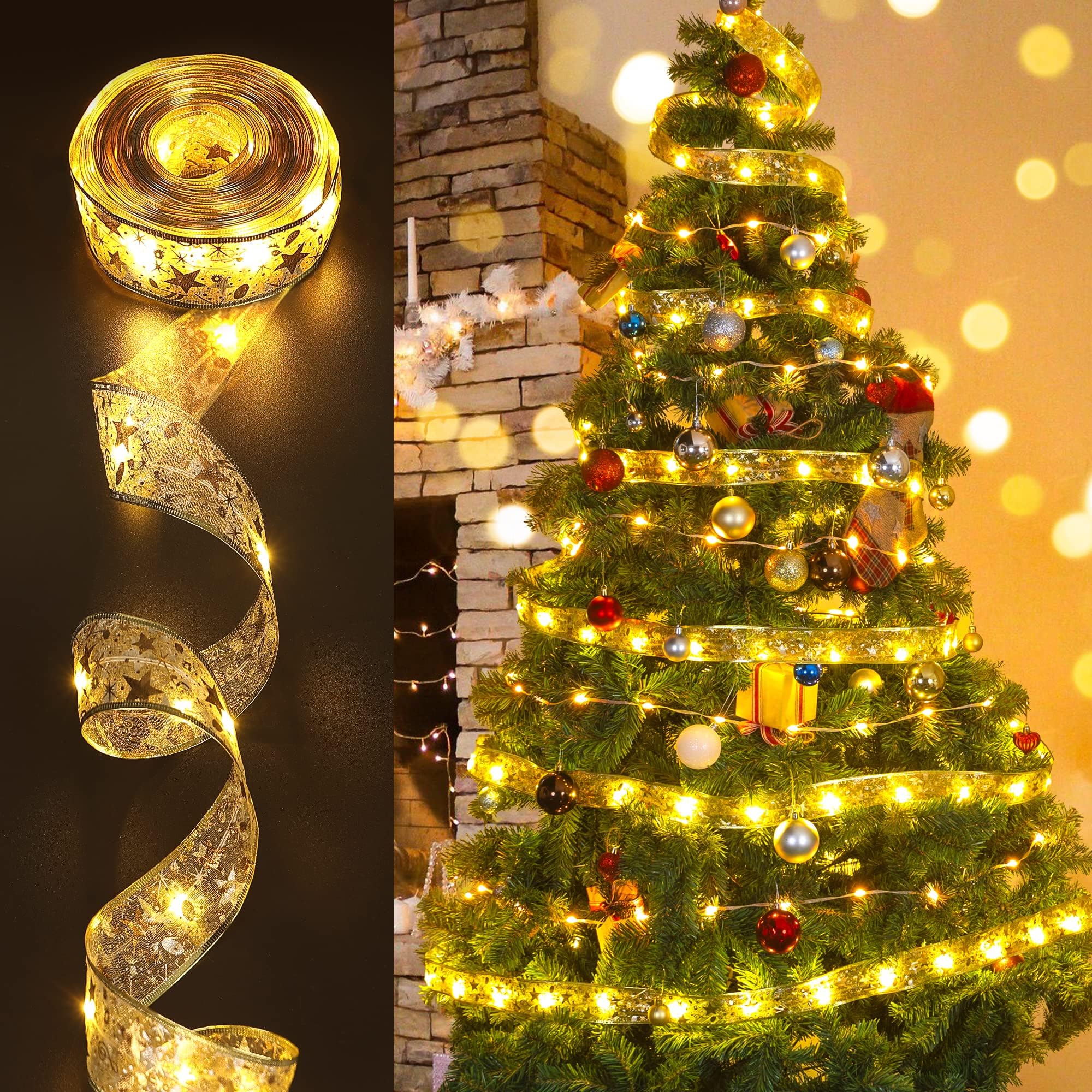 Amazon.com: HEYFUNi Christmas Ribbon Copper String Lights 33ft 100LED ...